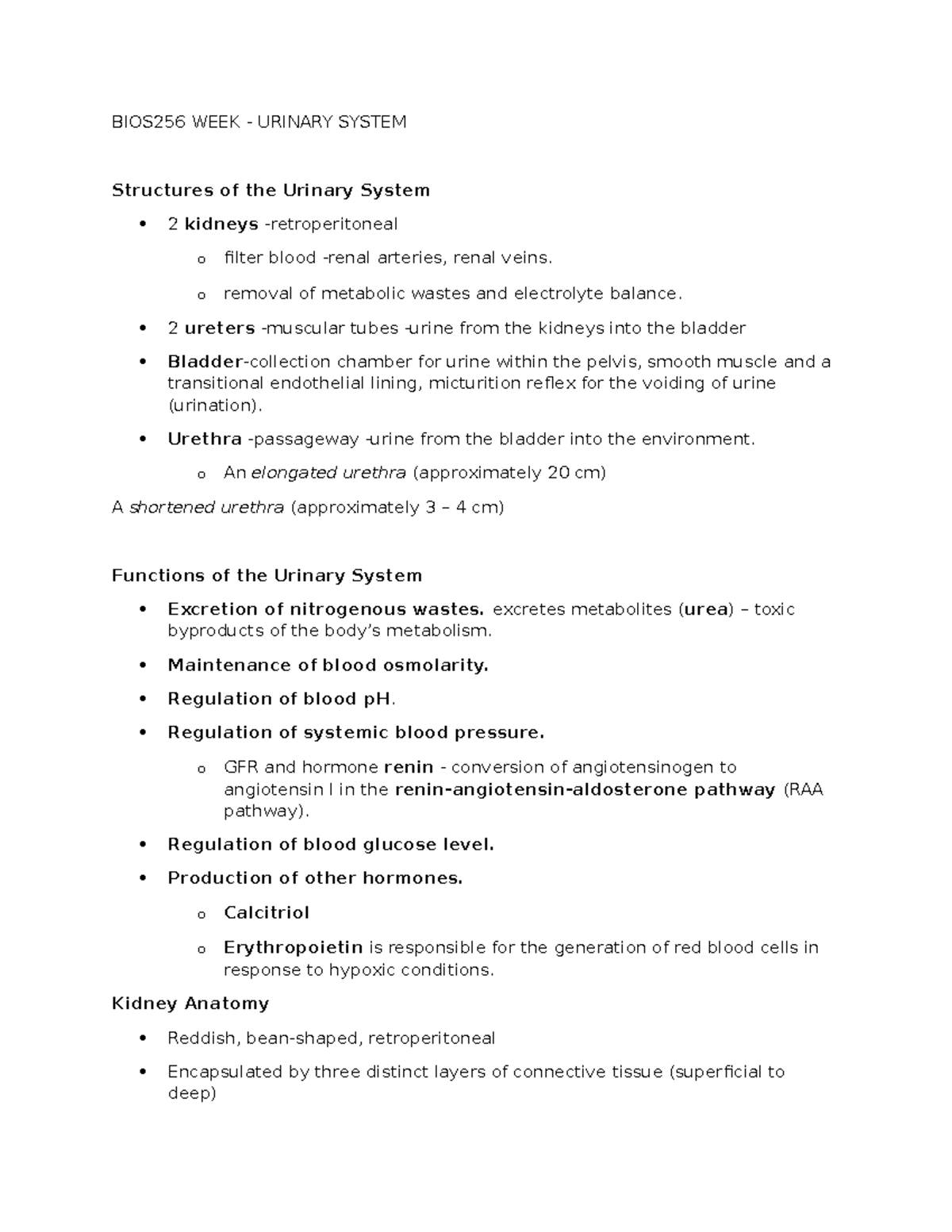 BIOS256 WEEK 4 Urinary System Review Guide - Studocu
