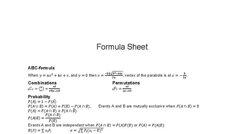 Formula Sheet for IQM: Combinations, Permutations, and Probability ...