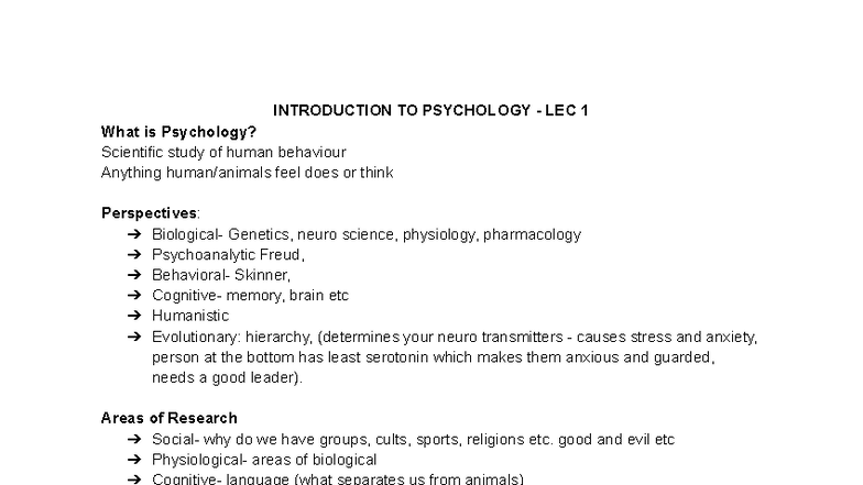 PSY100 - Intro to Psychology: Lecture 1 Notes - Studocu