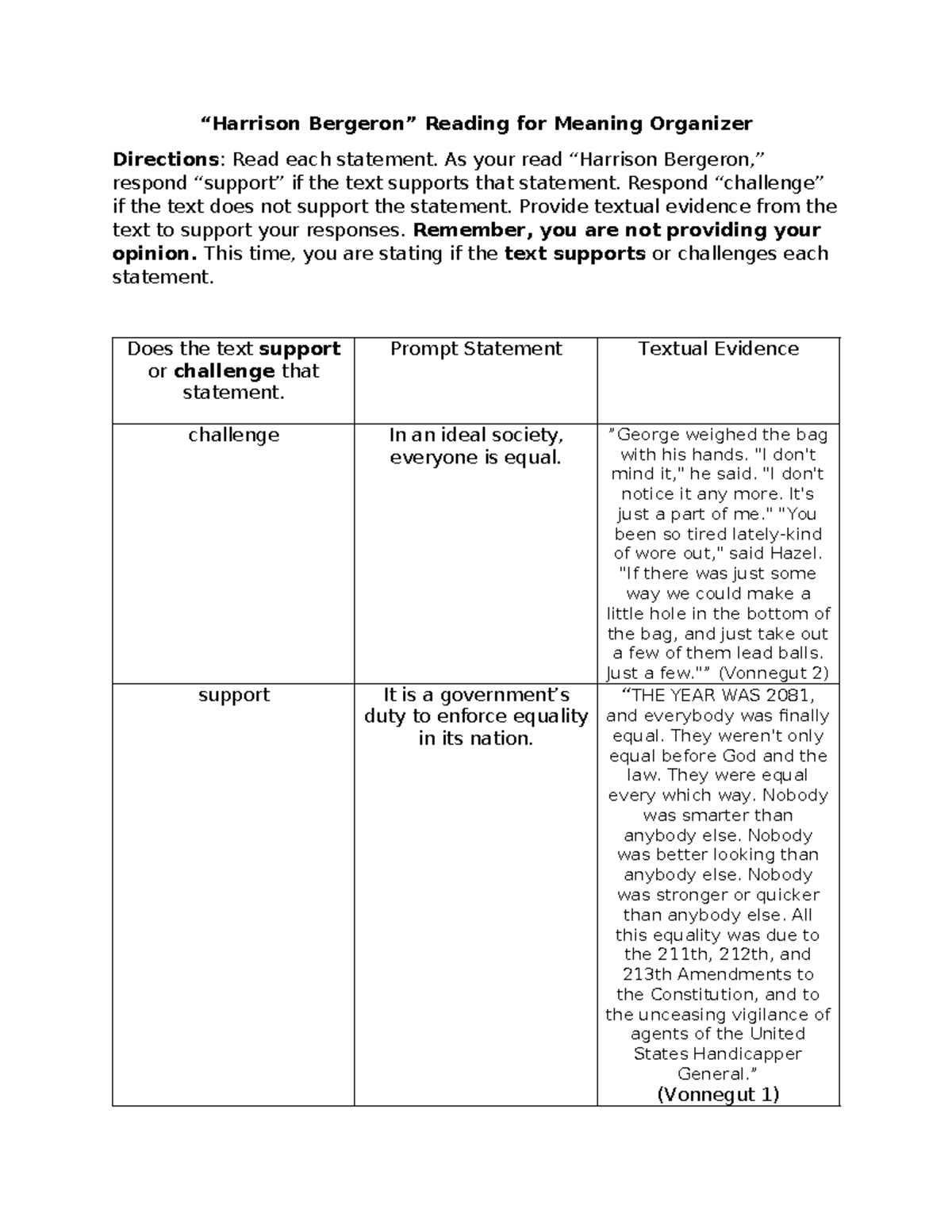 “Harrison Bergeron” Reading for Meaning Organizer - “Harrison Bergeron ...