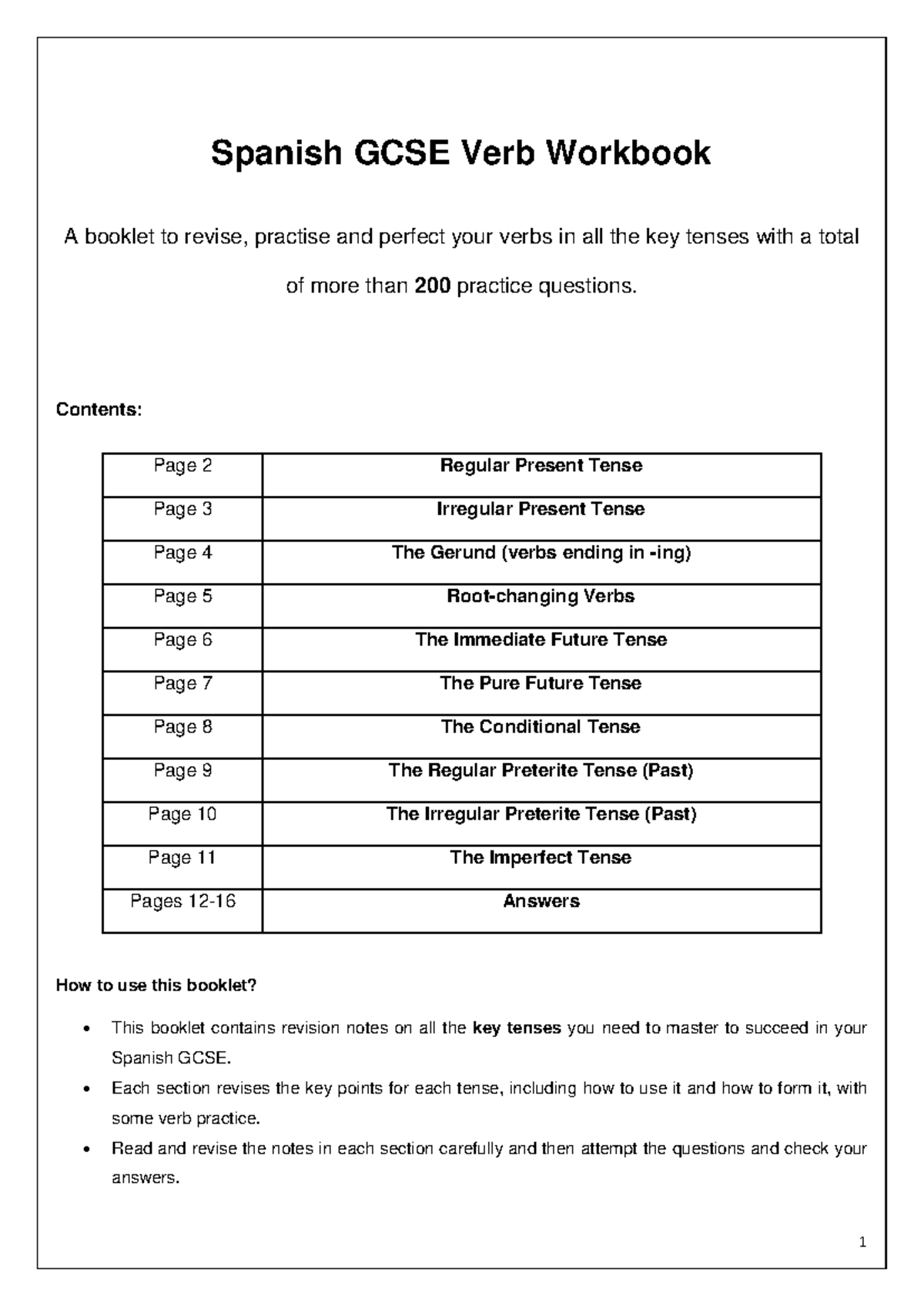 Spanish GCSE Verbs Workbooklet: Mastering Key Tenses & Practice - Studocu