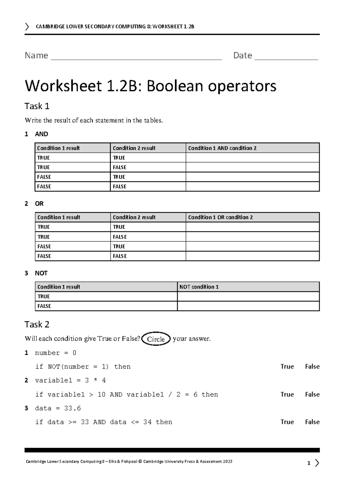 CAMBRIDGE LOWER SECONDARY COMPUTING 8: WORKSHEET 1.2B Boolean Operators ...
