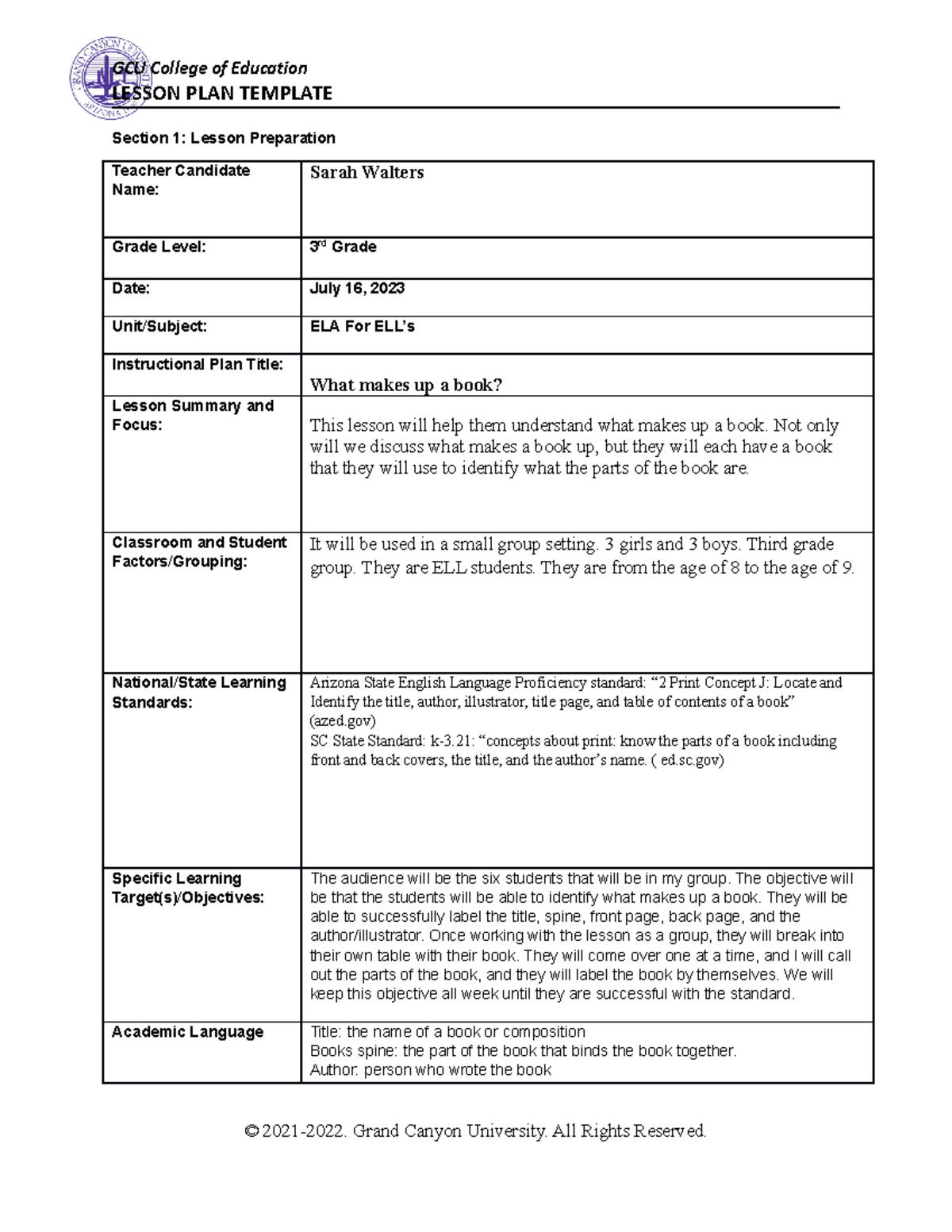 ELL lesson plan - LESSON PLAN TEMPLATE Section 1: Lesson Preparation ...
