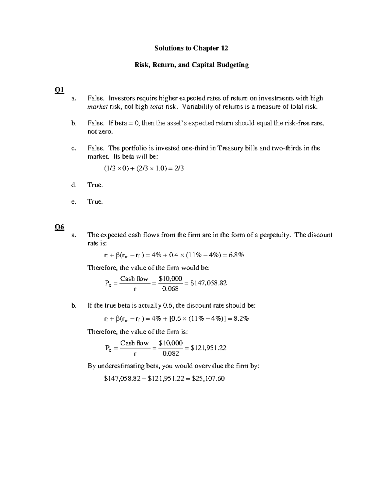 Ch12 - Solutions to Chapter 12 Risk, Return, and Capital Budgeting Q a ...