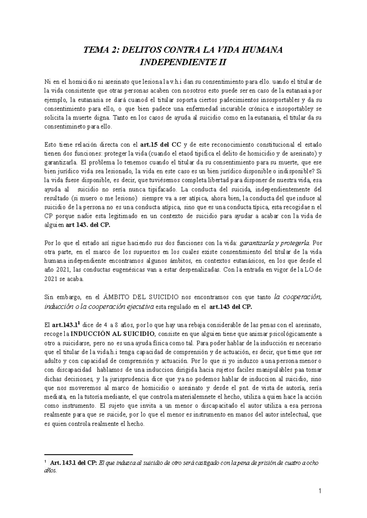 TEMA 2: DELITOS CONTRA LA VIDA HUMANA INDEPENDIENTE II - Análisis ...