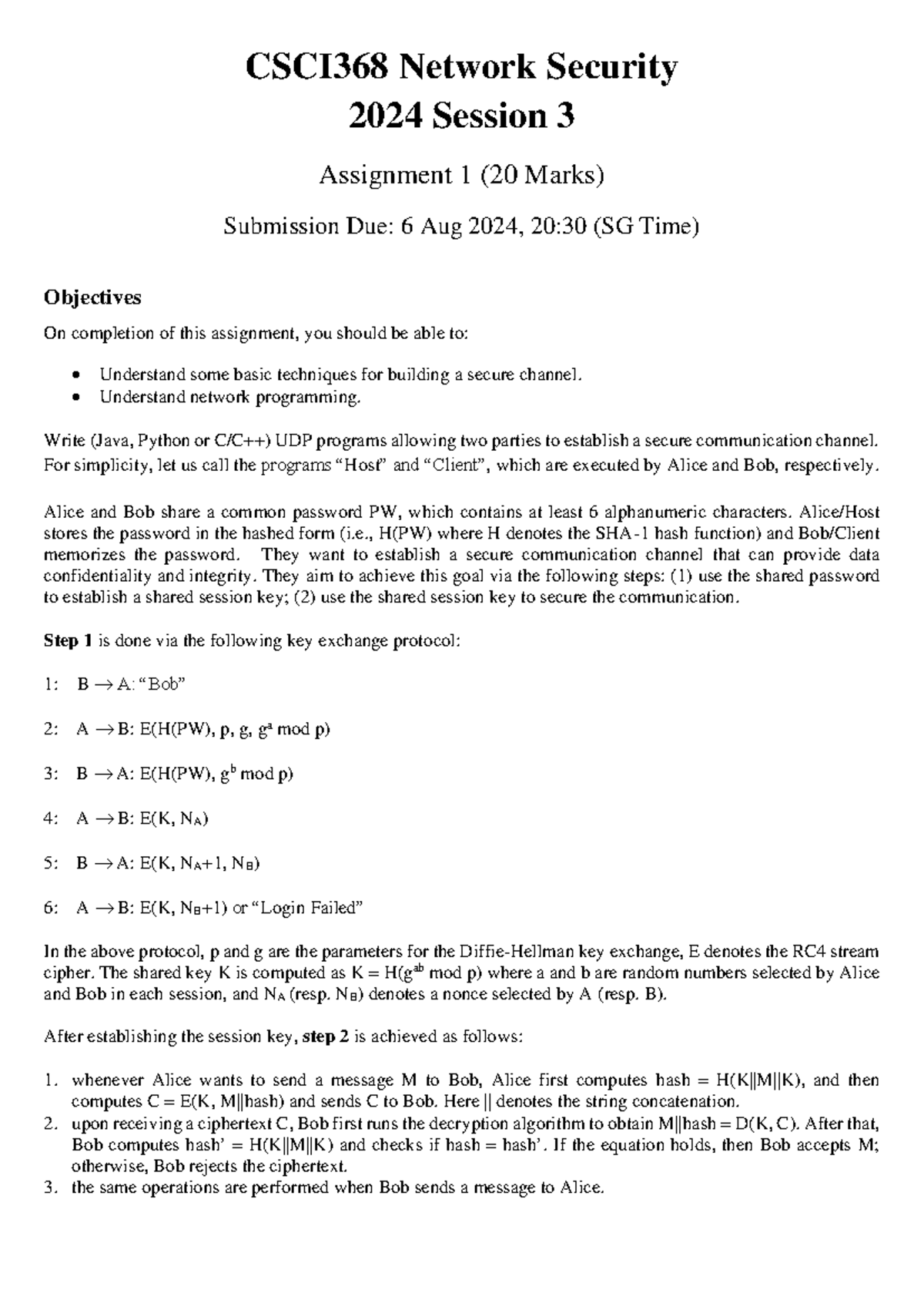 CSCI 368 Network Security Assignment 1 - Secure Communication Channel ...