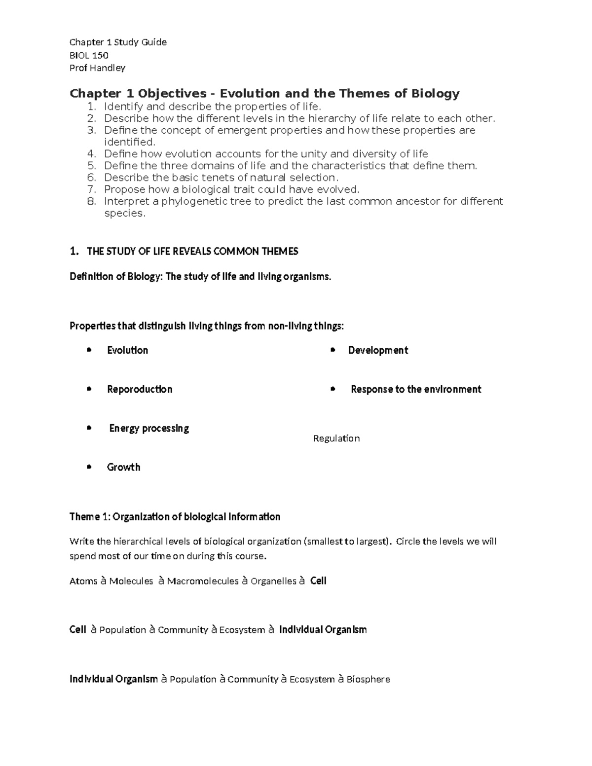 Chapter 1 Study Guide: Evolution & Themes of Biology (BIOL 150) - Studocu
