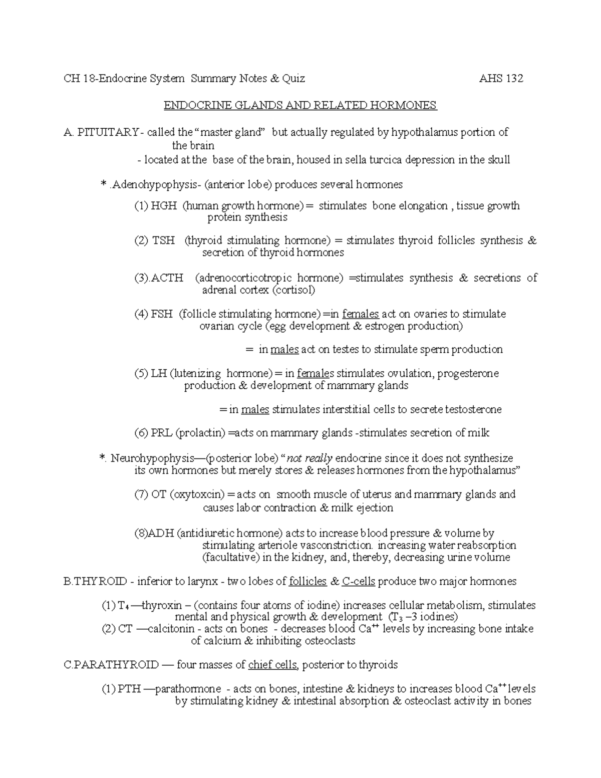 Endocrine Glands & Hormones Summary Quiz AHS 132 - Studocu