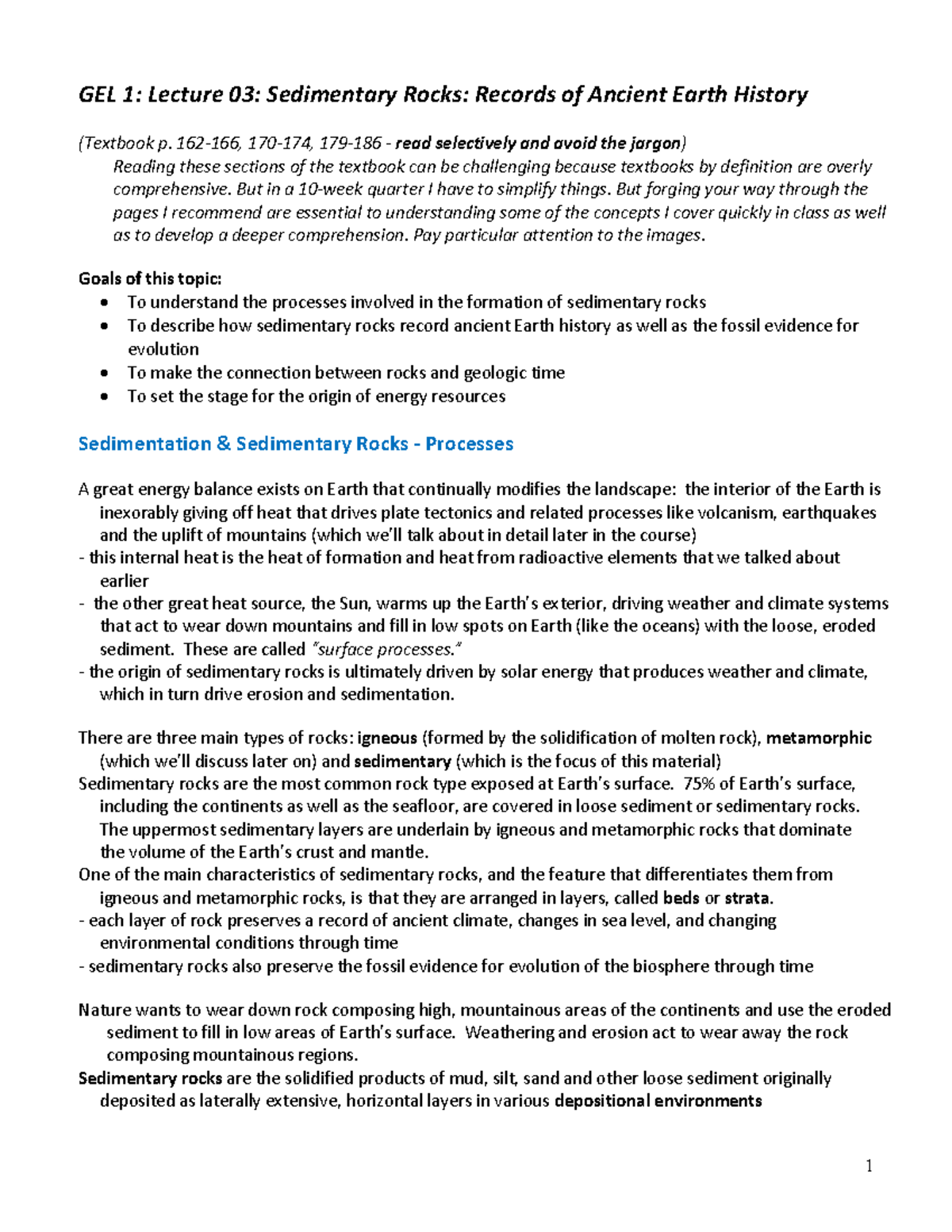 GEL 1: Lecture 03 - Understanding Sedimentary Rocks & Earth's History - Studocu