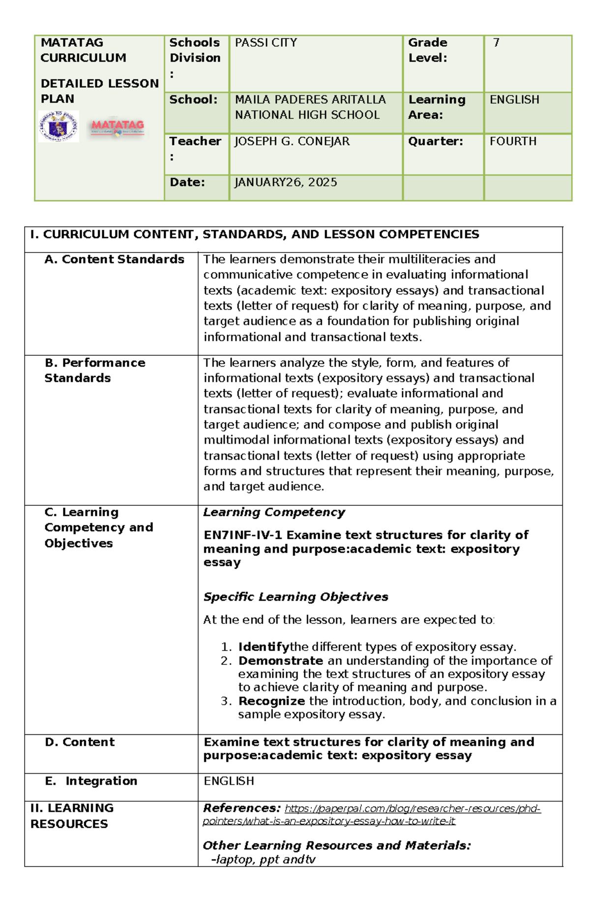 Detailed Lesson Plan for English 7: Expository Essays (MATATAG) - Studocu
