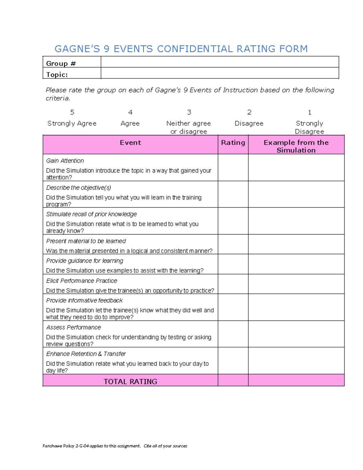 Gagne's 9 Events Rating Form - Team Assessment Guide - Studocu