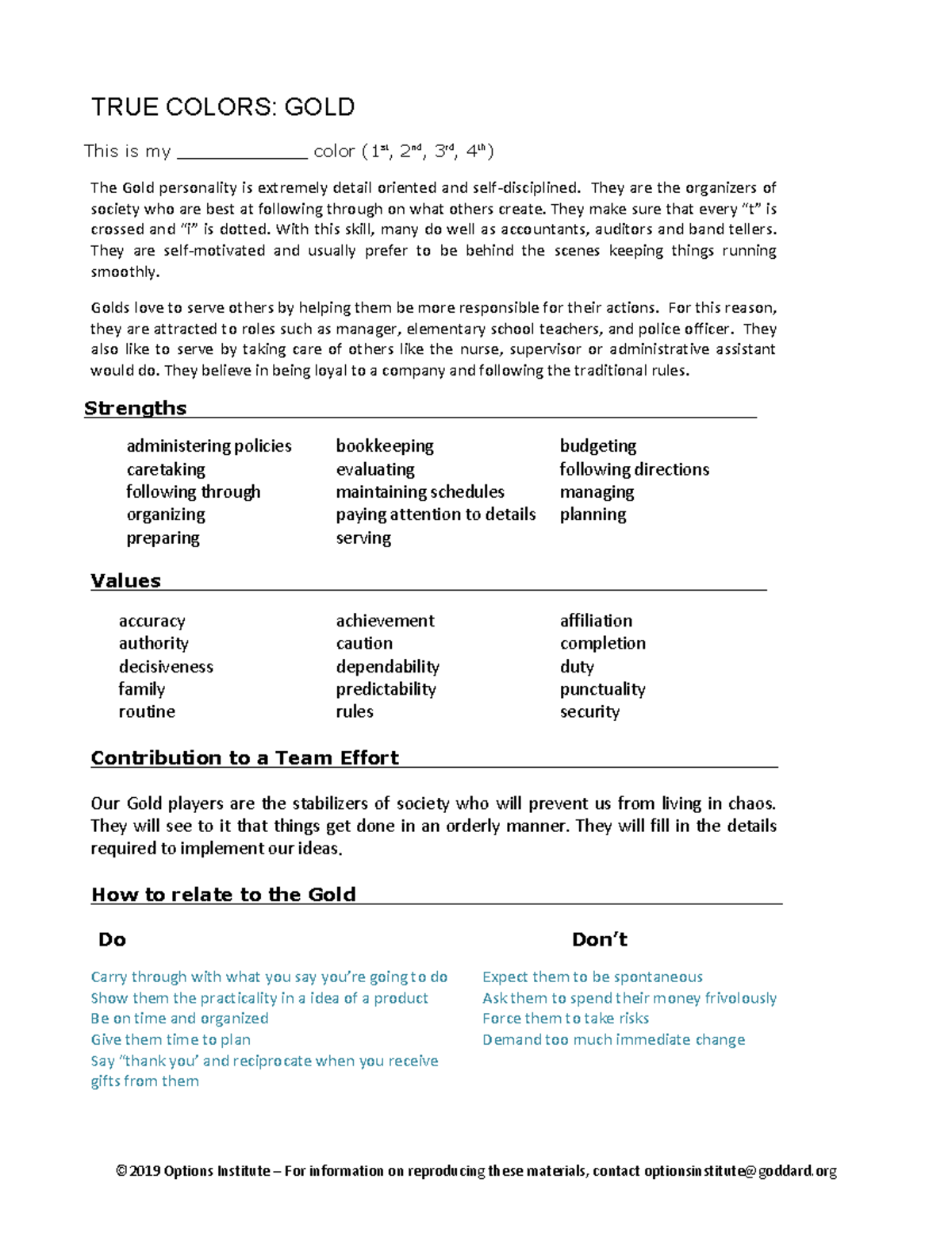 TRUE COLORS: GOLD Personality Traits and Team Contributions - Studocu