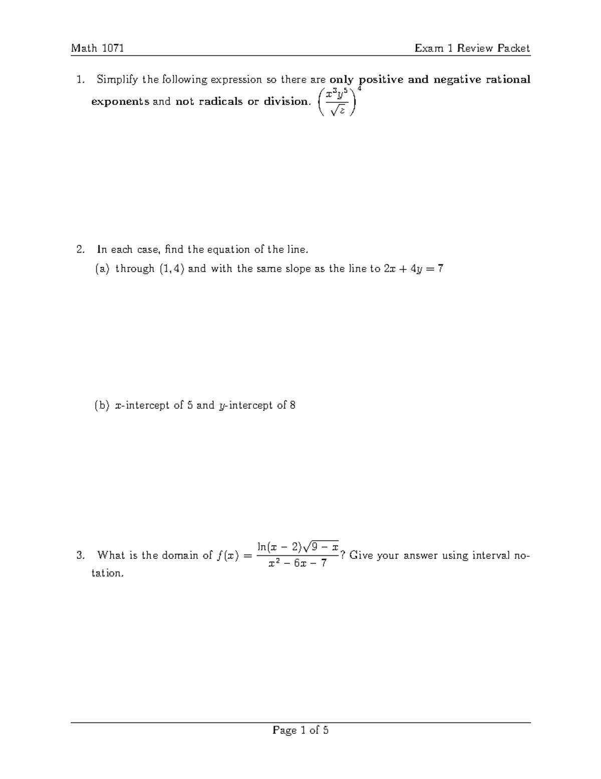 Math 1071 Exam 1 Review Packet: Practice Problems and Solutions - Studocu