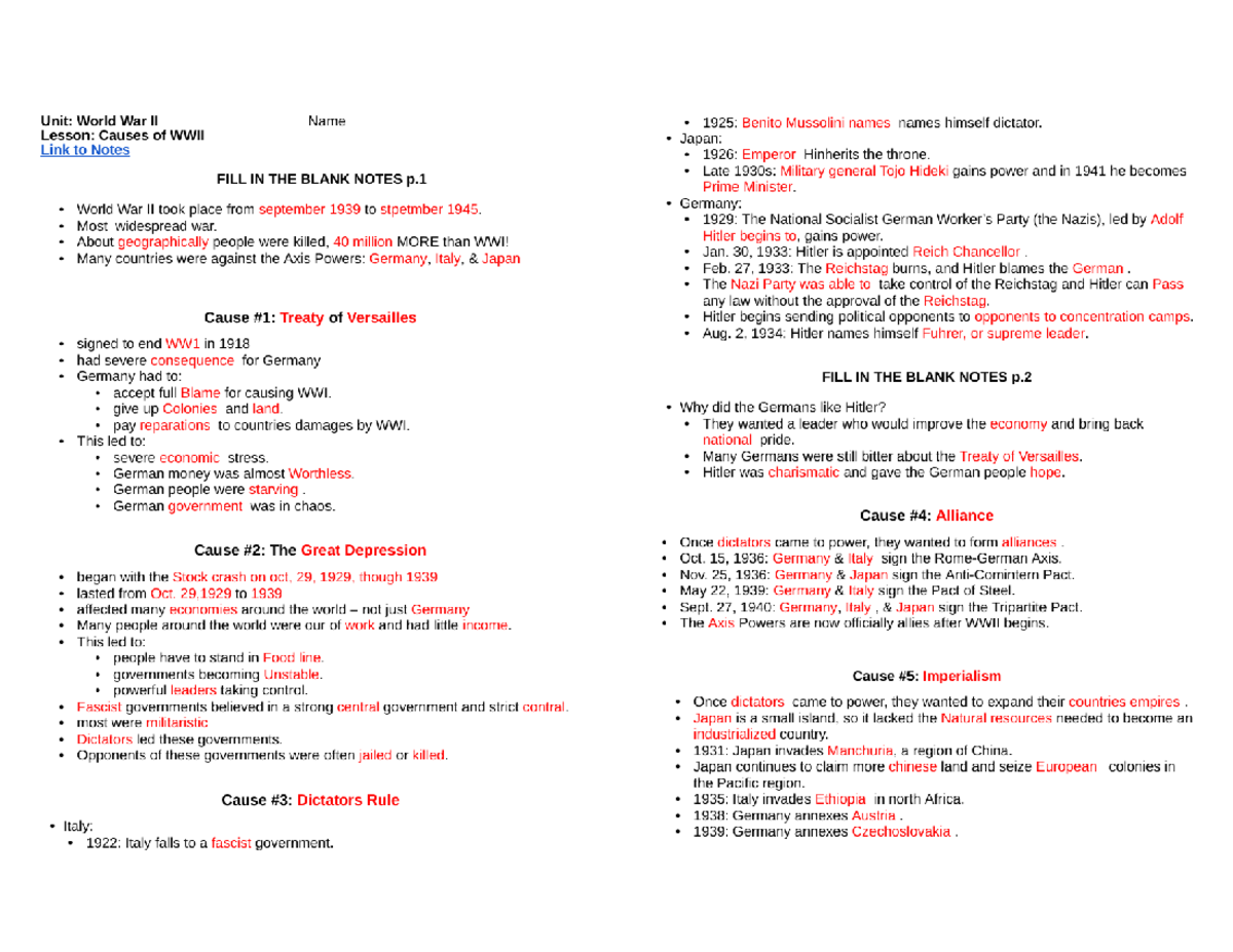 Causes of WWII - Comprehensive Notes - 7773872 - Google Docs - Studocu