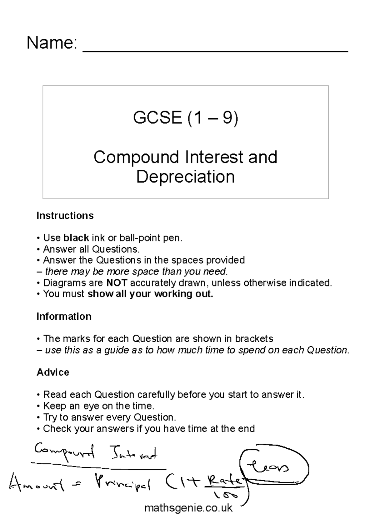 GCSE (1 9) Compound Interest & Depreciation Exam Questions - Studocu