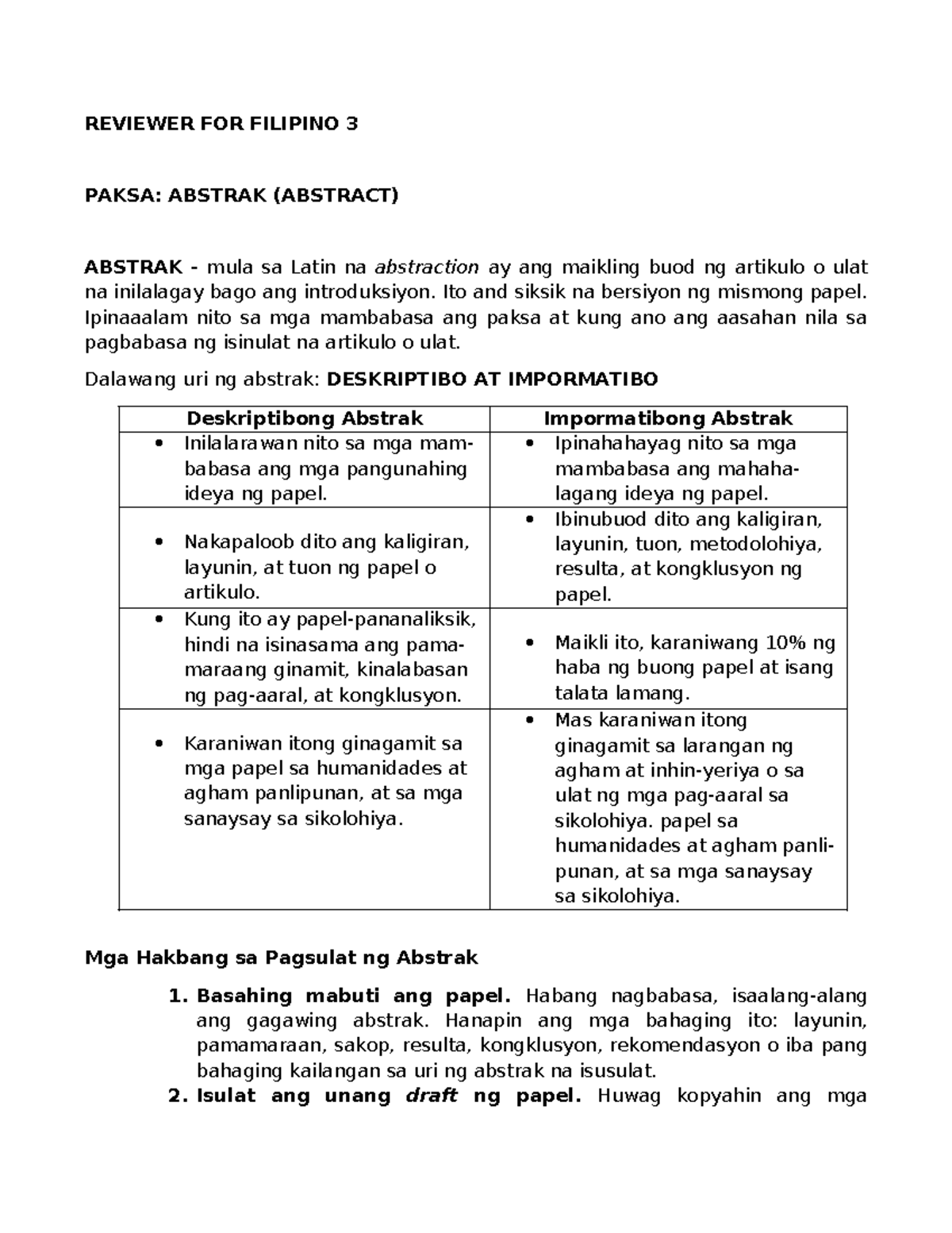 Reviewer for Filipino 3: Abstrak at Sintesis Guide - Studocu