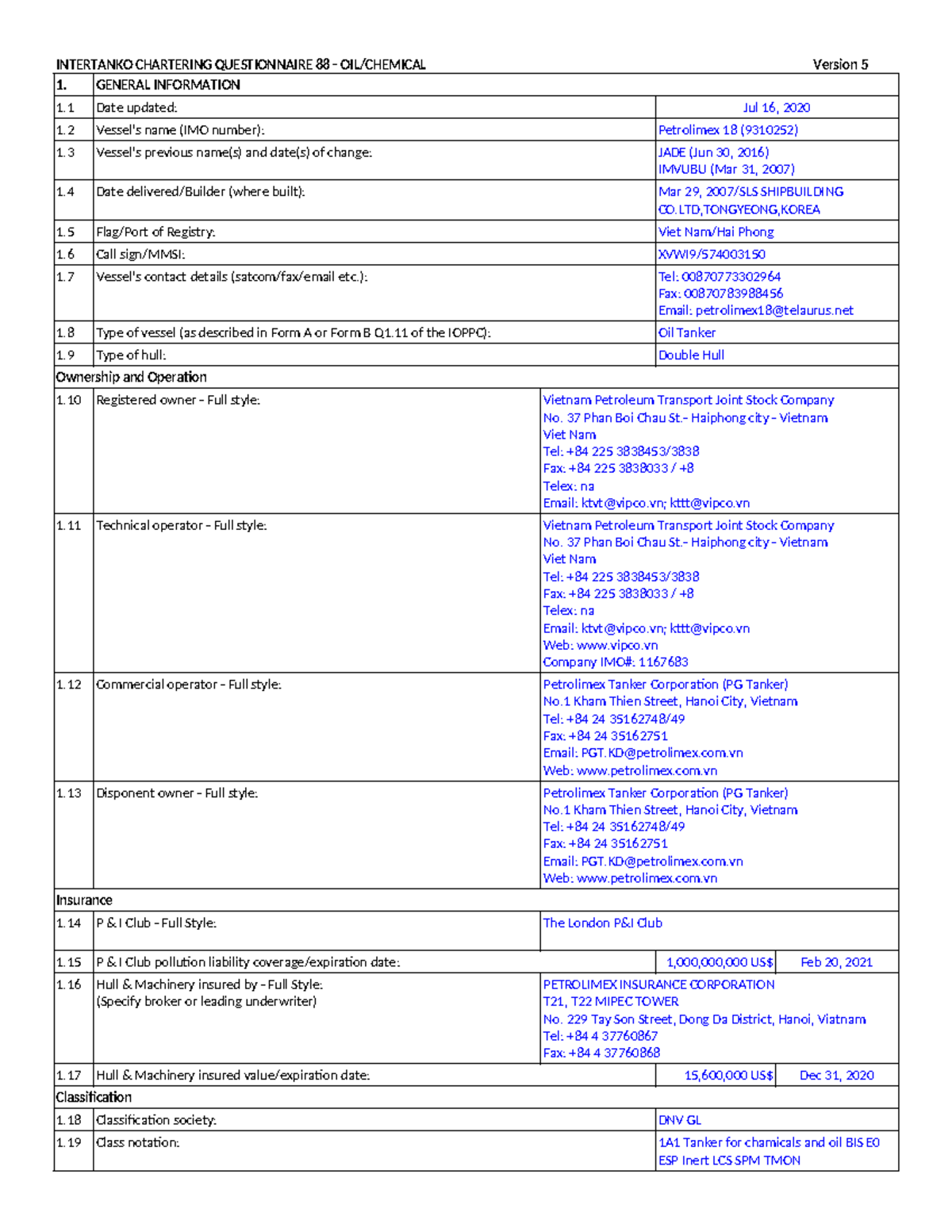 INTERTANKO Chartering Questionnaire for Petrolimex 18 Q88 (Oil-Chem ...