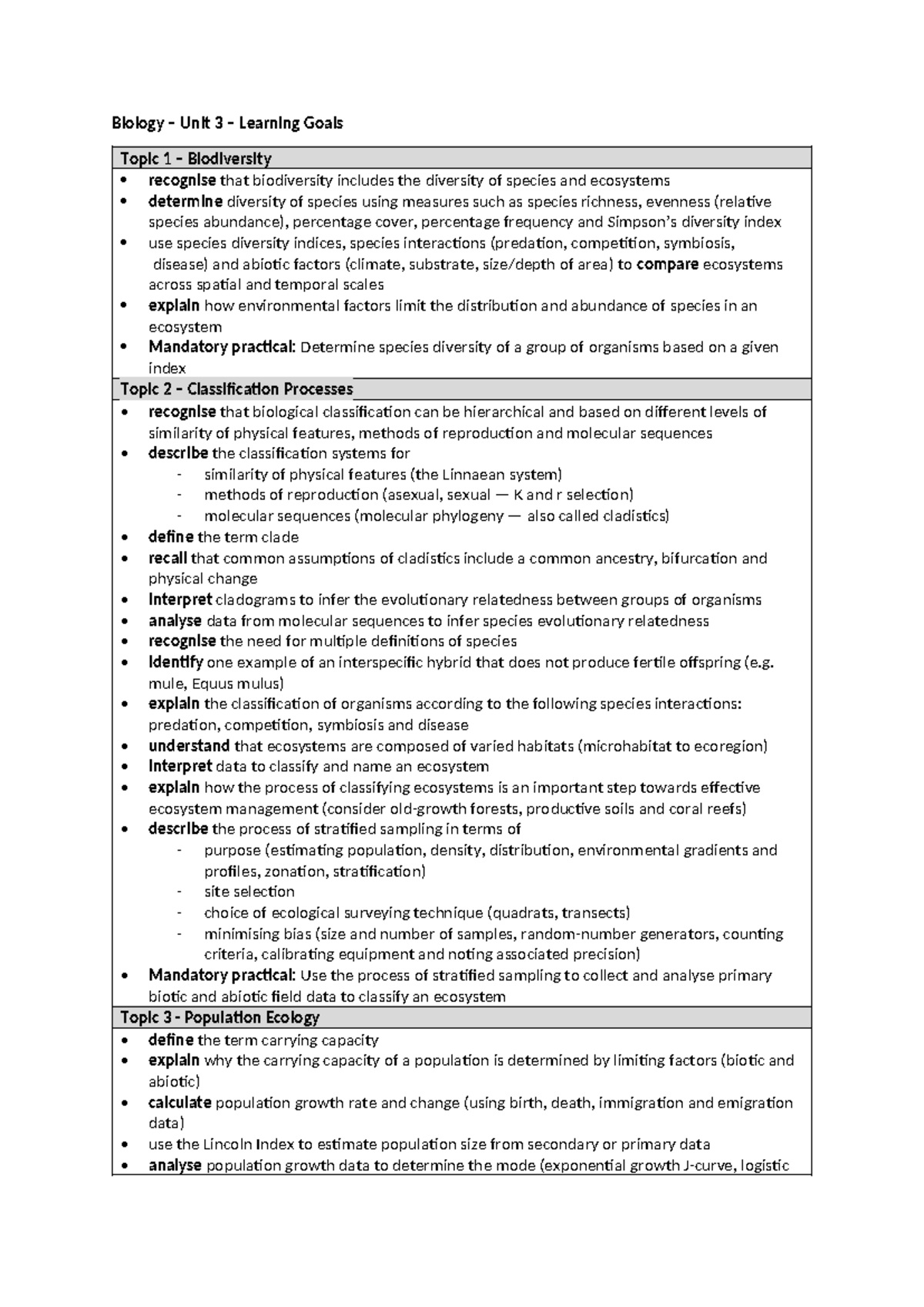 Biology Unit 3 Learning Goals: Biodiversity, Classification & Ecology ...