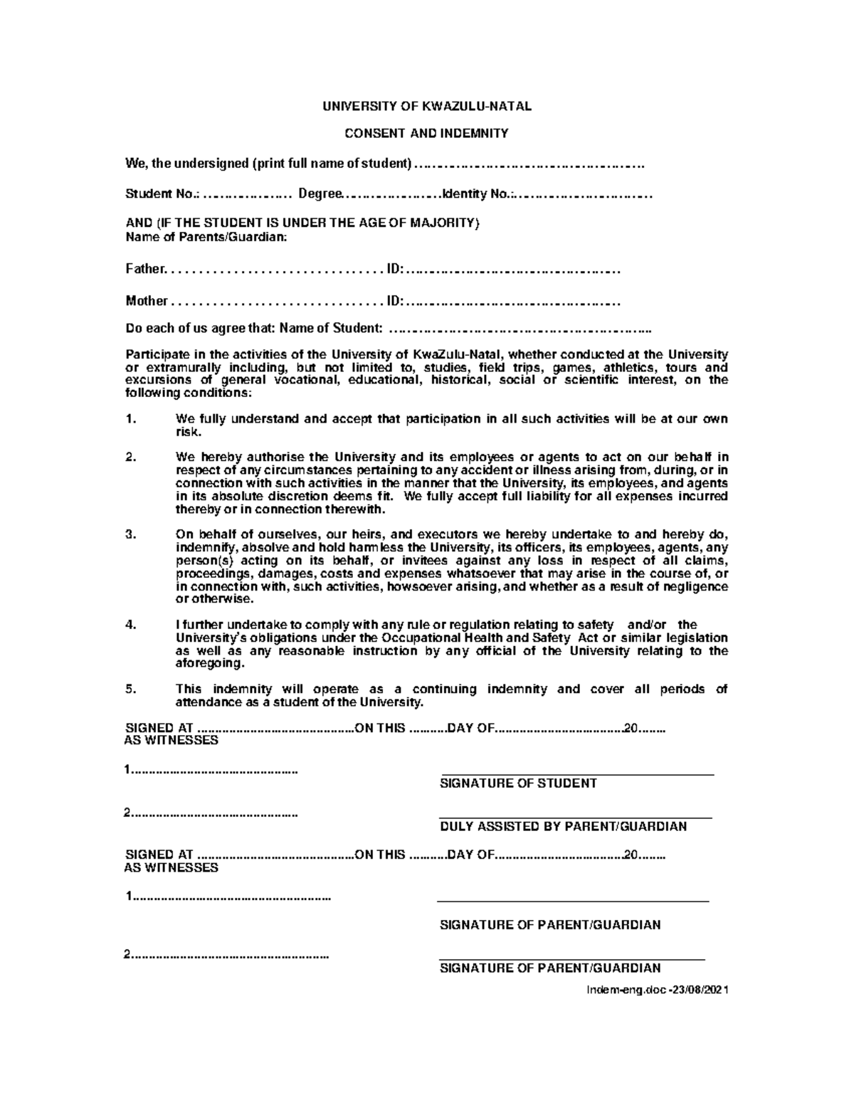UNIVERSITY INDEMNITY FORM FOR STUDENT ACTIVITIES - Studocu