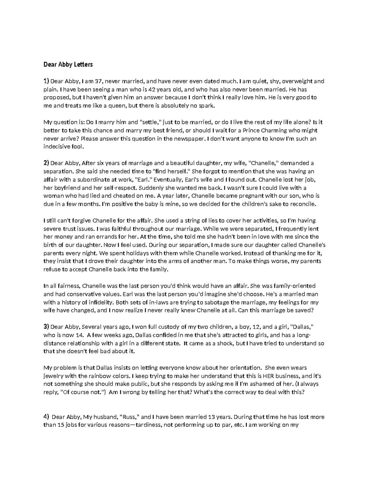 Dear Abby Letters: Essays on Relationships and Life Decisions - Studocu