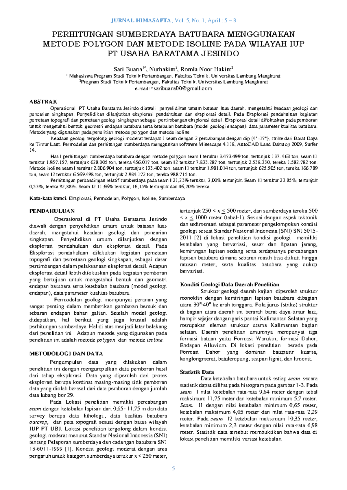 Perhitungan Sumberdaya Batubara Metode Polygon dan Isoline di IUP PT ...
