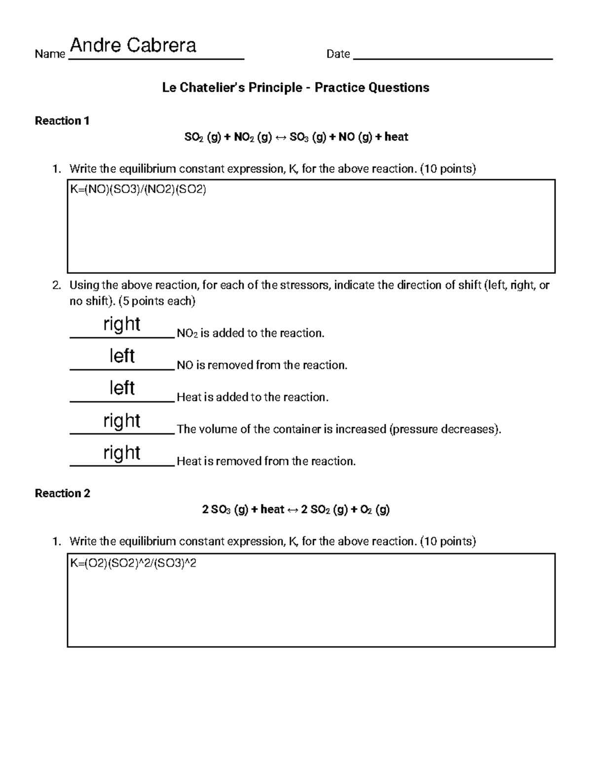 Le Chatelier's Principle Practice Problems - Chemistry 101 - Studocu