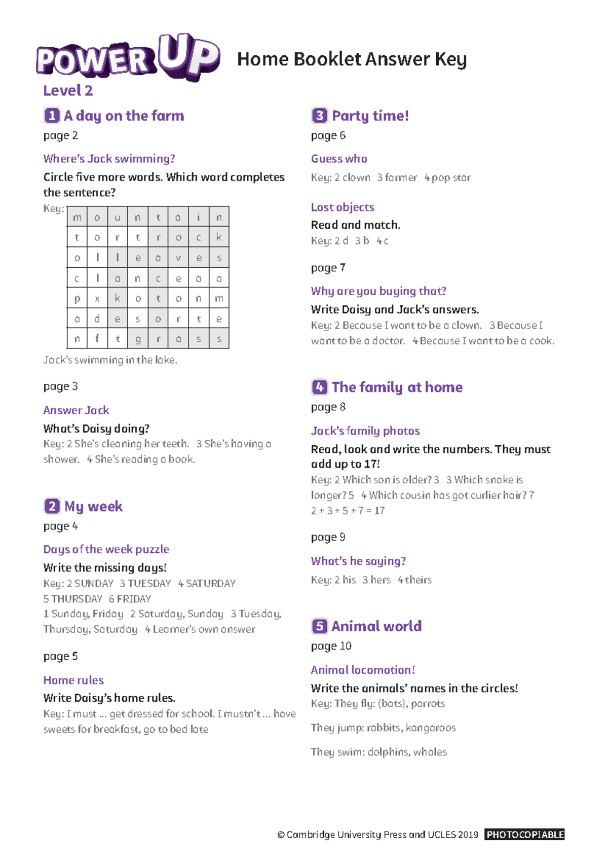 Power Up Power Up Home Booklet L2 Answer Key Answer Key - © Cambridge University Press and UCLES ...