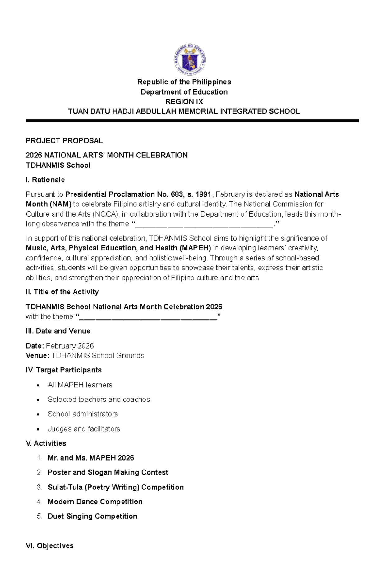 TDHANMIS School MAPEH National Arts Month Proposal 2026 - Studocu