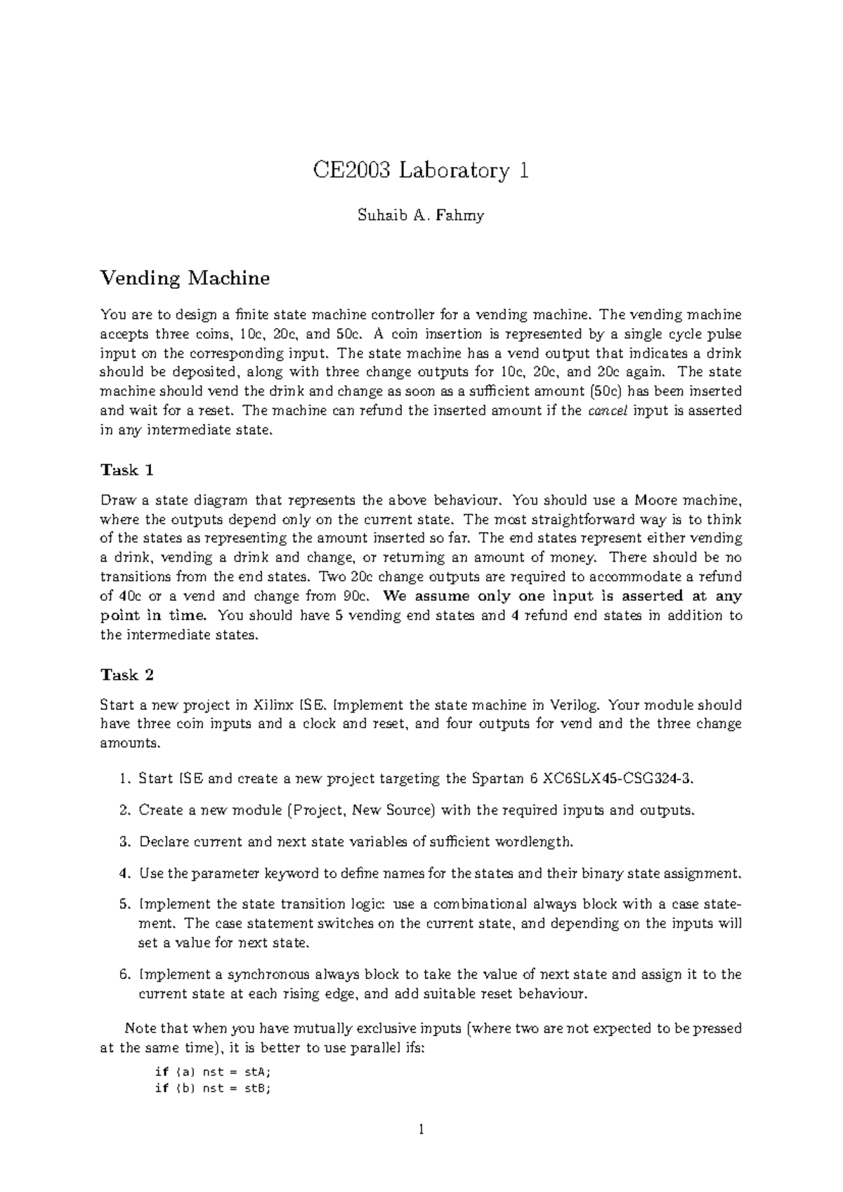 CE2003 Lab1: Vending Machine FSM Design and Implementation - Studocu