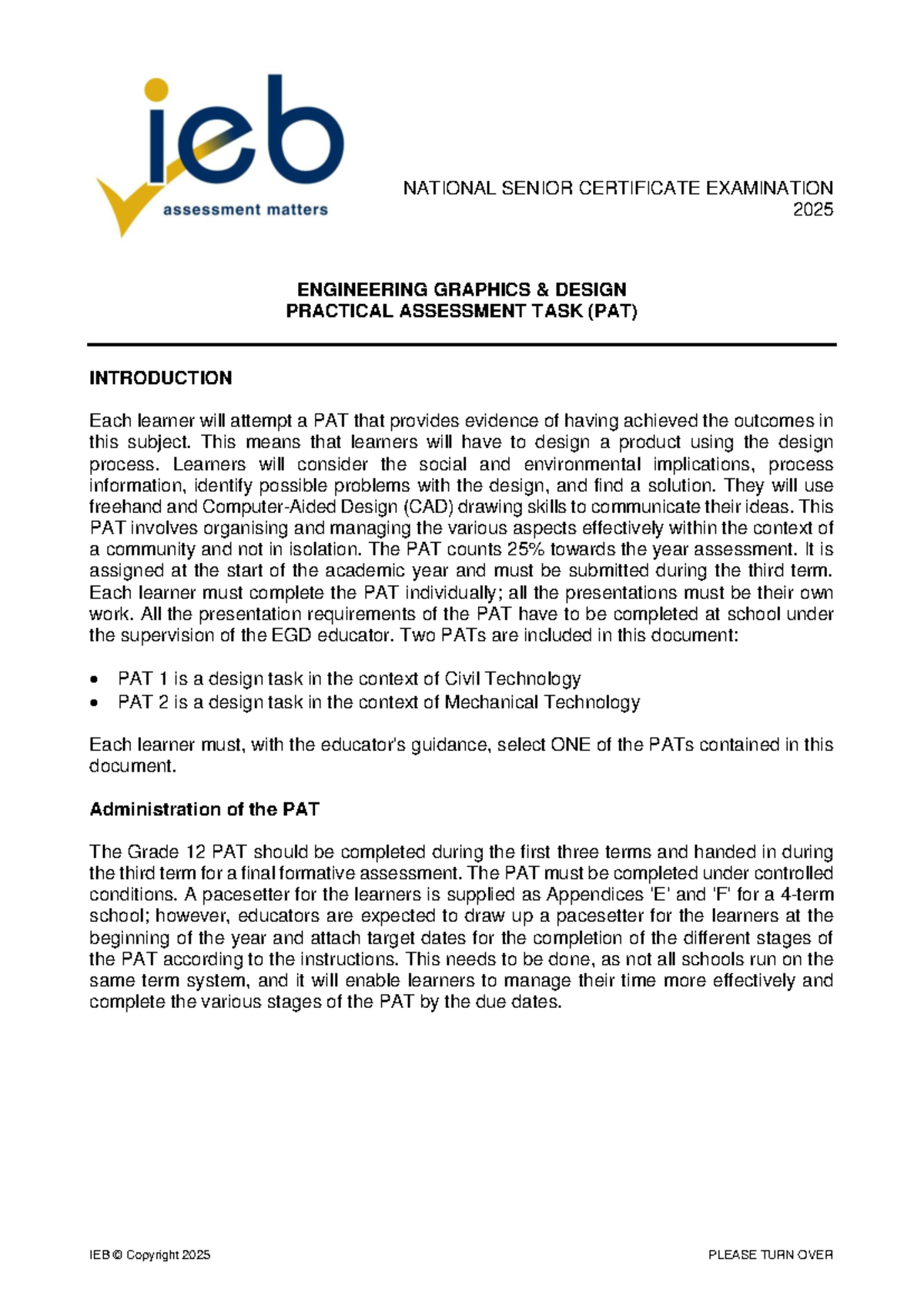 EGD PAT 2025: Civil & Mechanical Design Tasks for IEB Assessment - Studocu