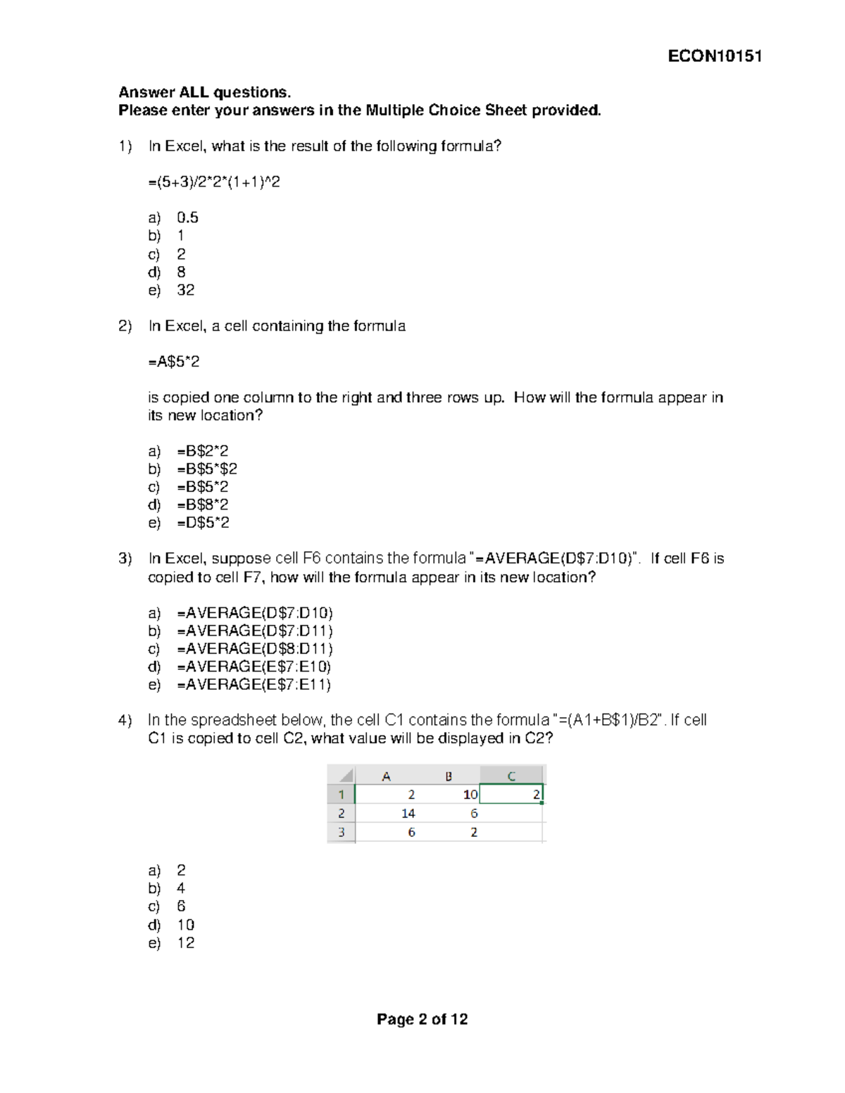 ECON10151 Mock Exam: Excel Functions & Formulas - Studocu
