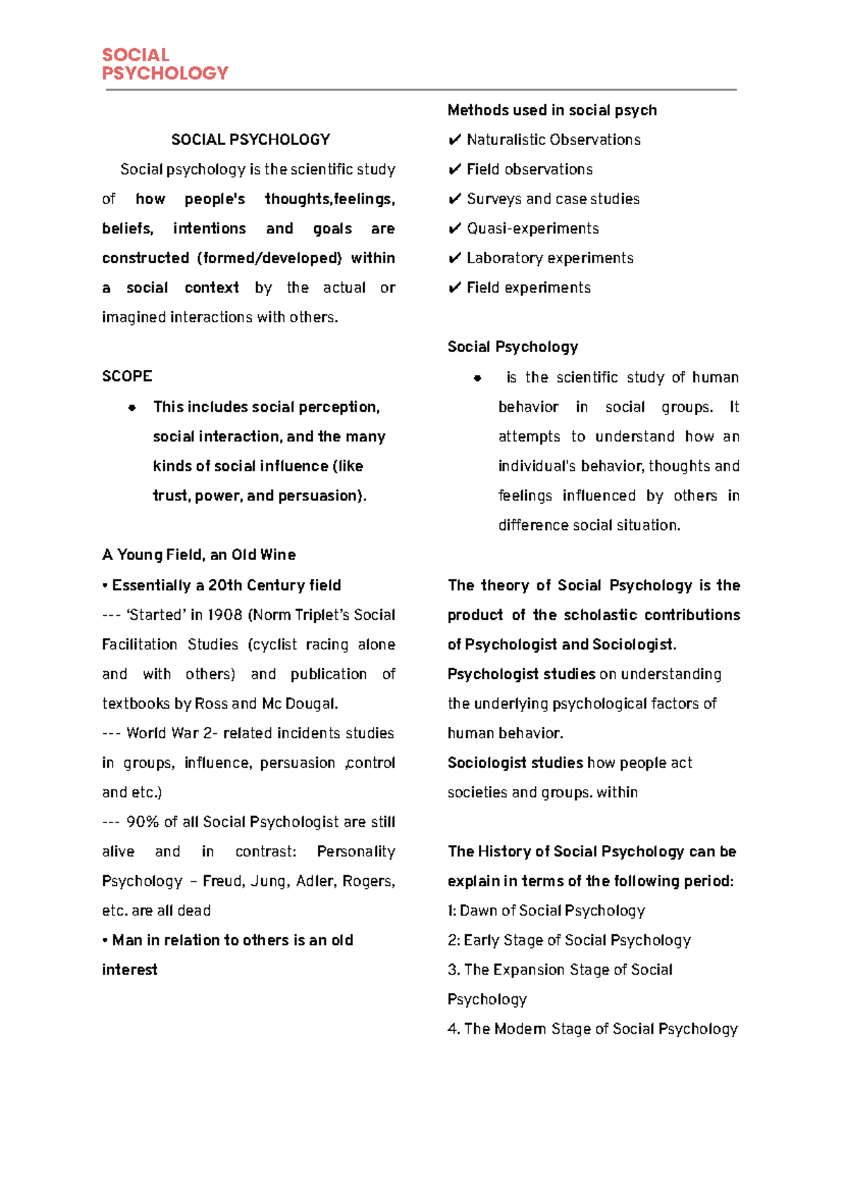 SOCIAL PSYCHOLOGY: Methods, History, and Key Concepts - Studocu