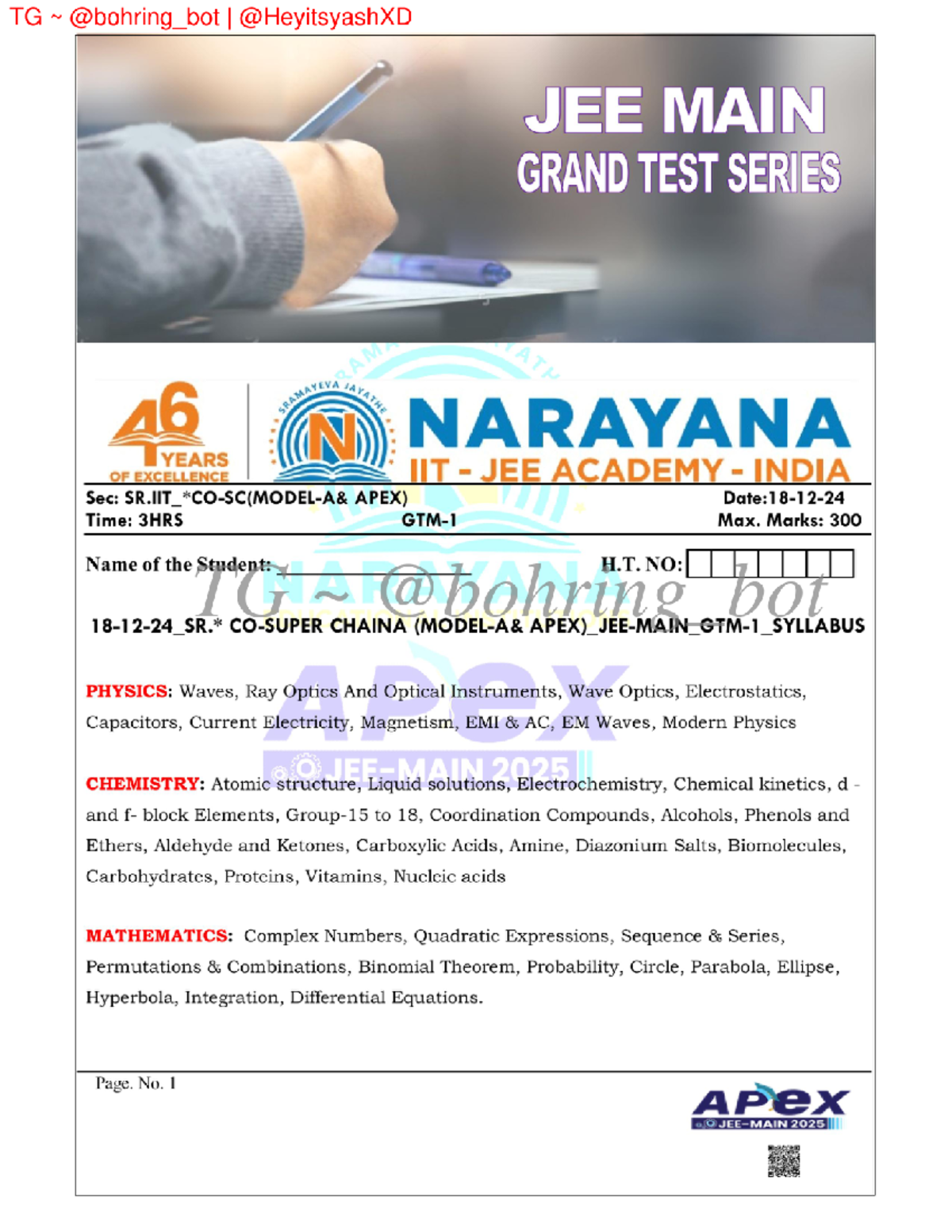 JEE MAIN 2025 Narayana Grand Test Series Question Paper - Studocu