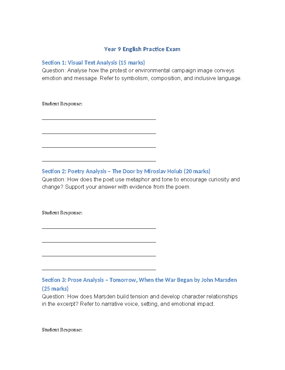 Year 9 English Practice Exam: Visual, Poetry & Prose Analysis - Studocu