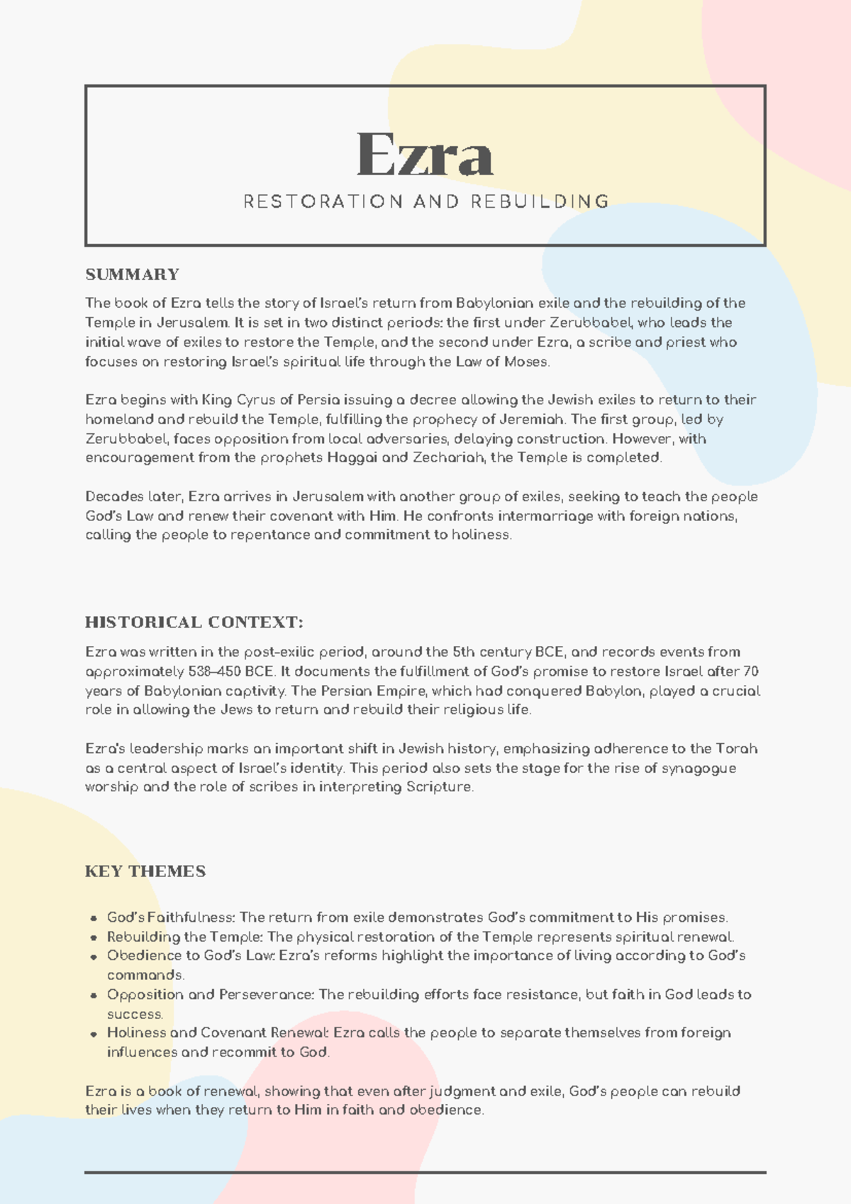 Ezra Bible Summary Sheet: Restoration and Renewal Insights - Studocu