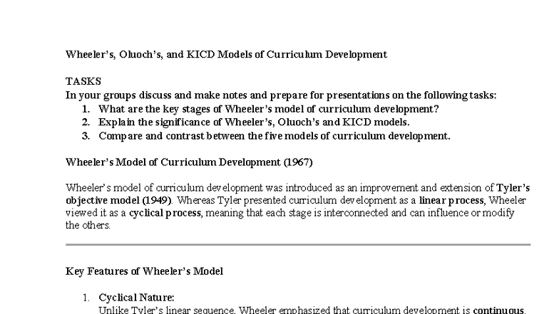 Wheeler, Oluoch & KICD Models of Curriculum Development Analysis - Studocu