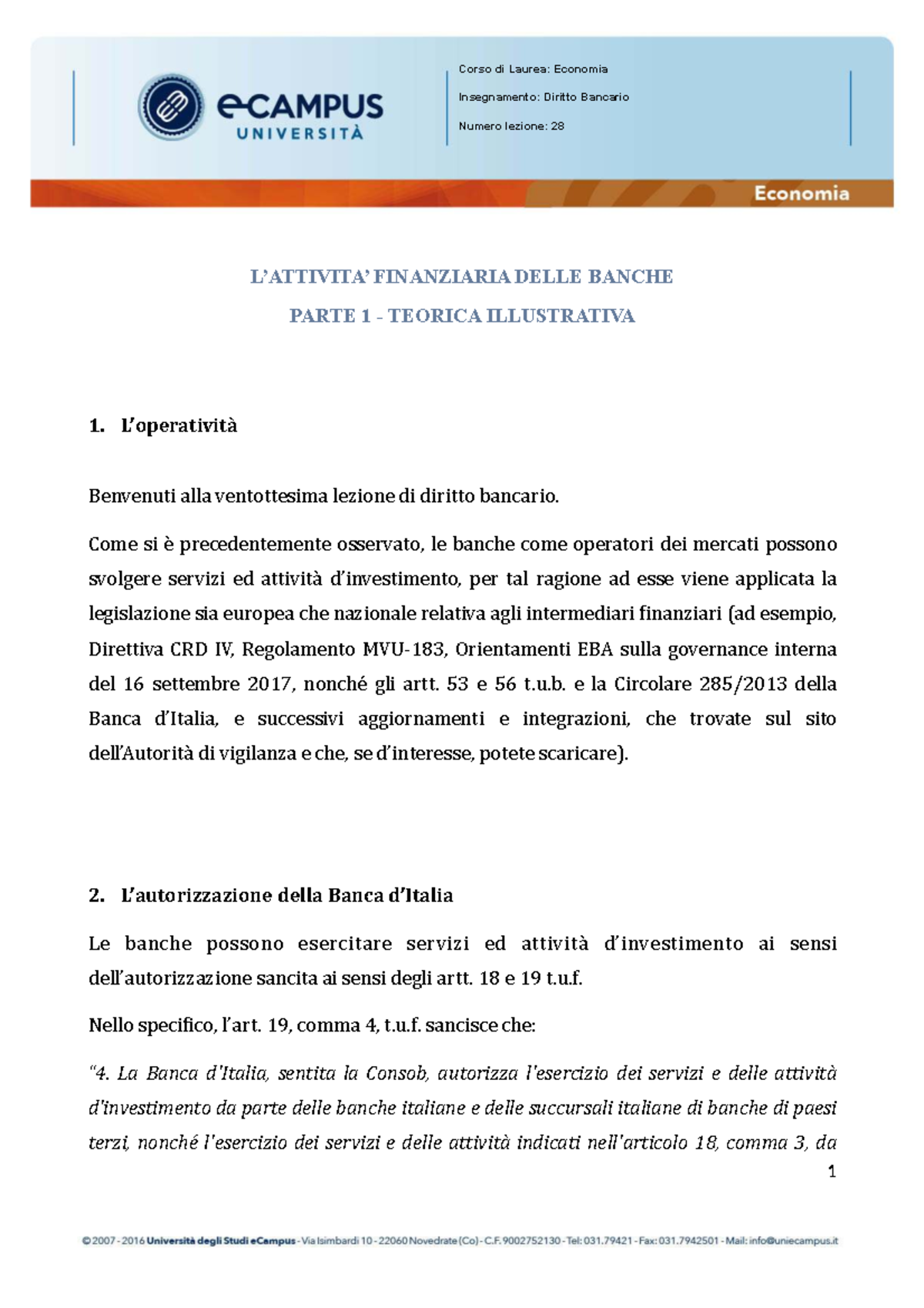 Lezione 28: Attività Finanziaria delle Banche - Diritto Bancario - Studocu