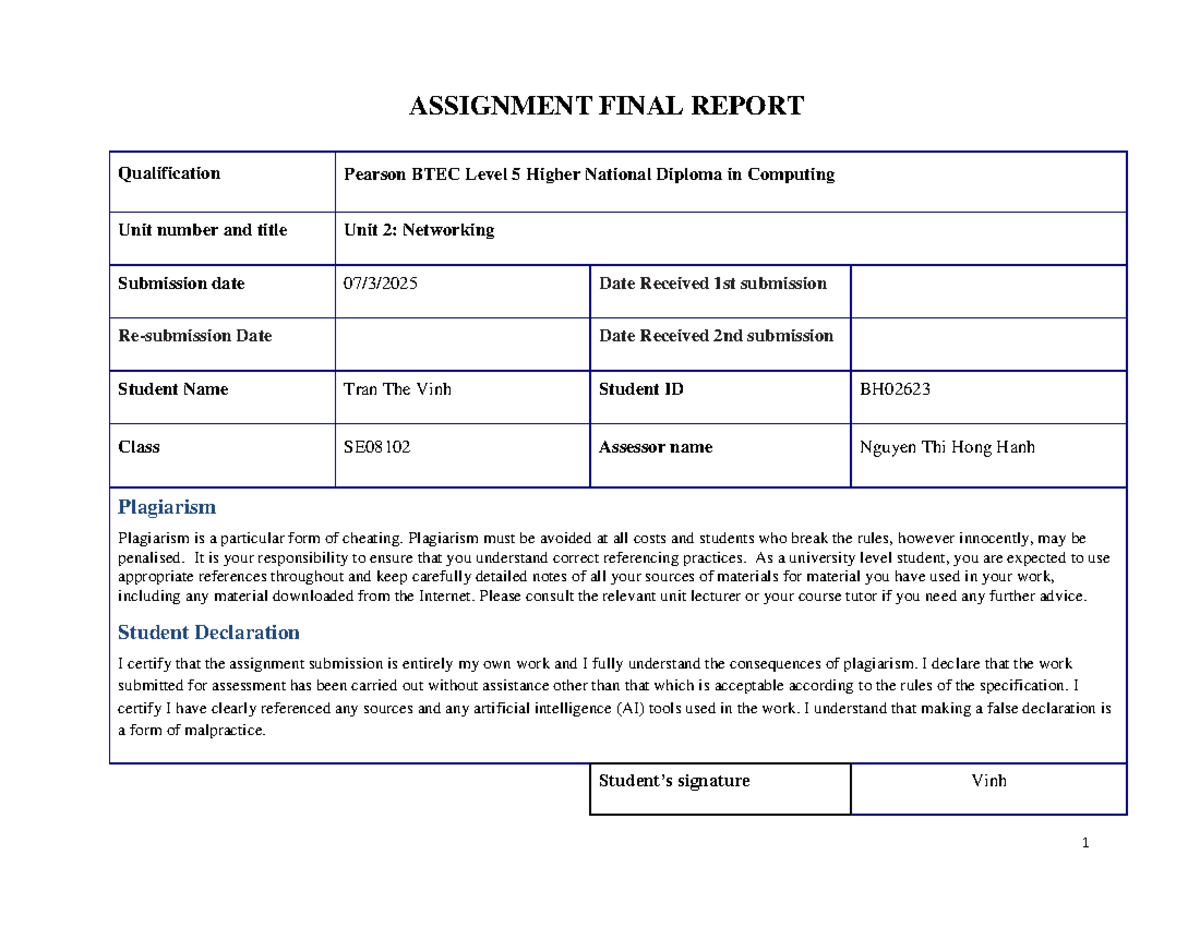 BTEC Level 5 HND Computing Unit 2: Networking Final Report - Studocu