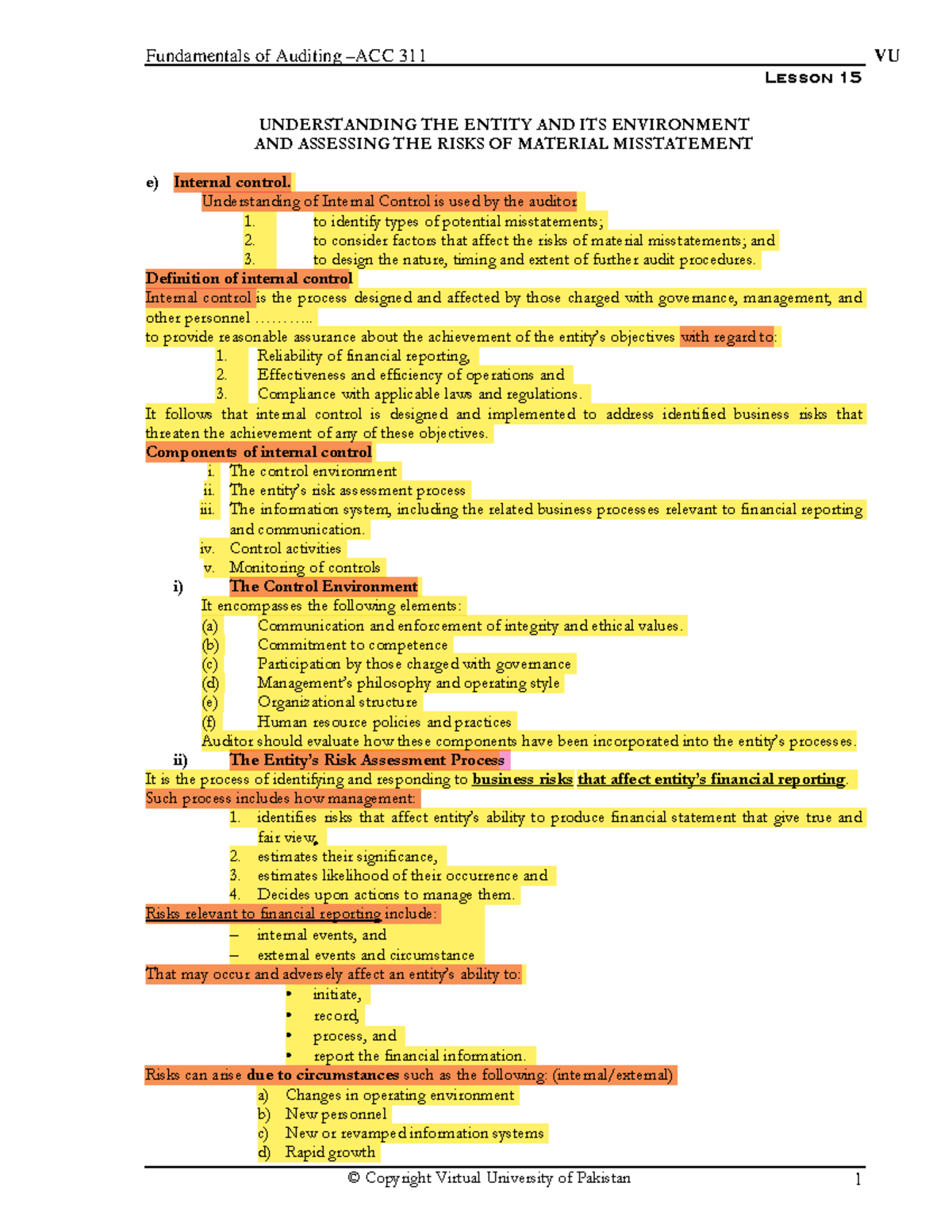 ACC 311 Lesson 15: Understanding Internal Control & Risk Assessment ...