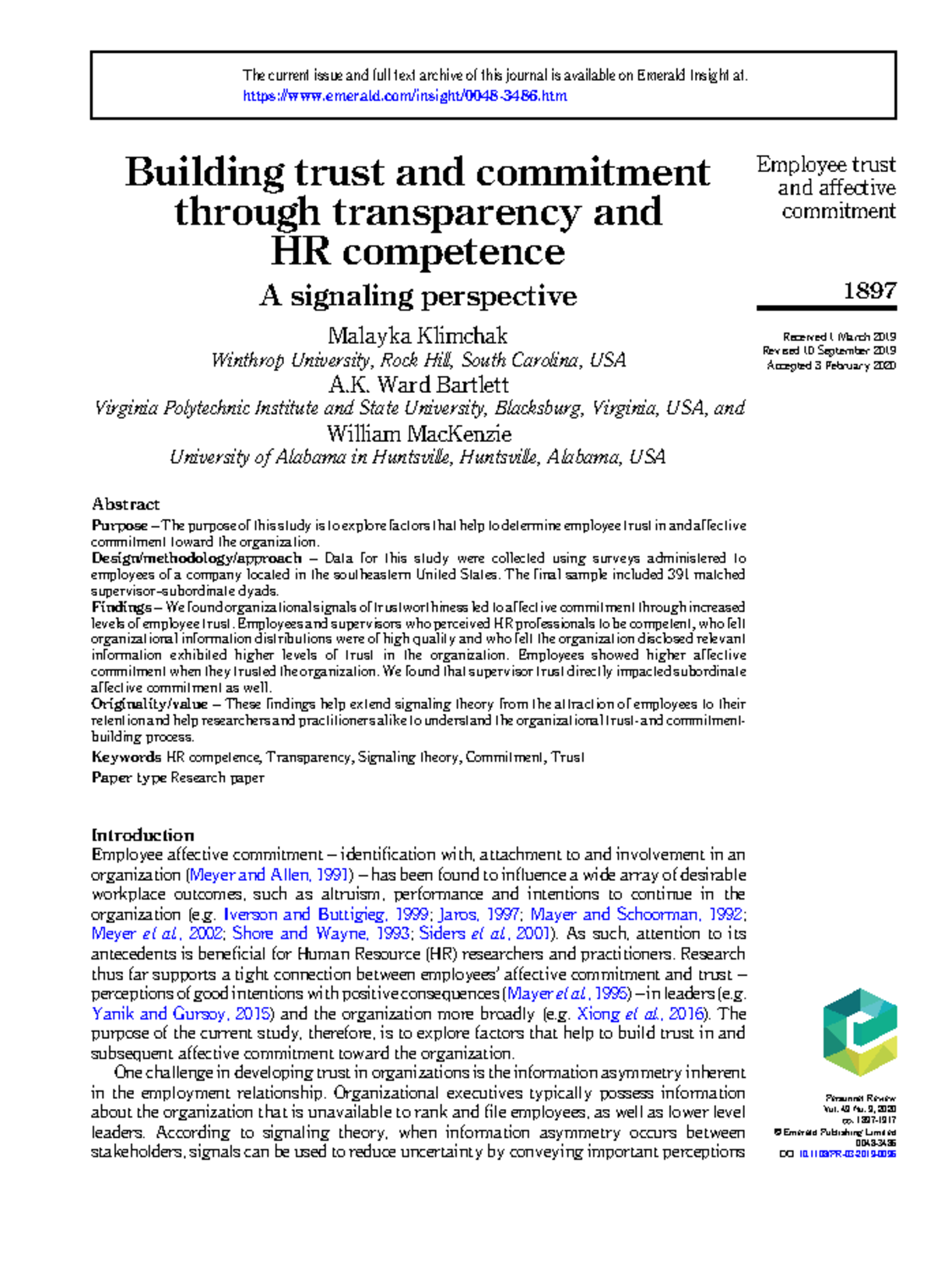 Building Trust and Commitment through Transparency and HR Competence ...