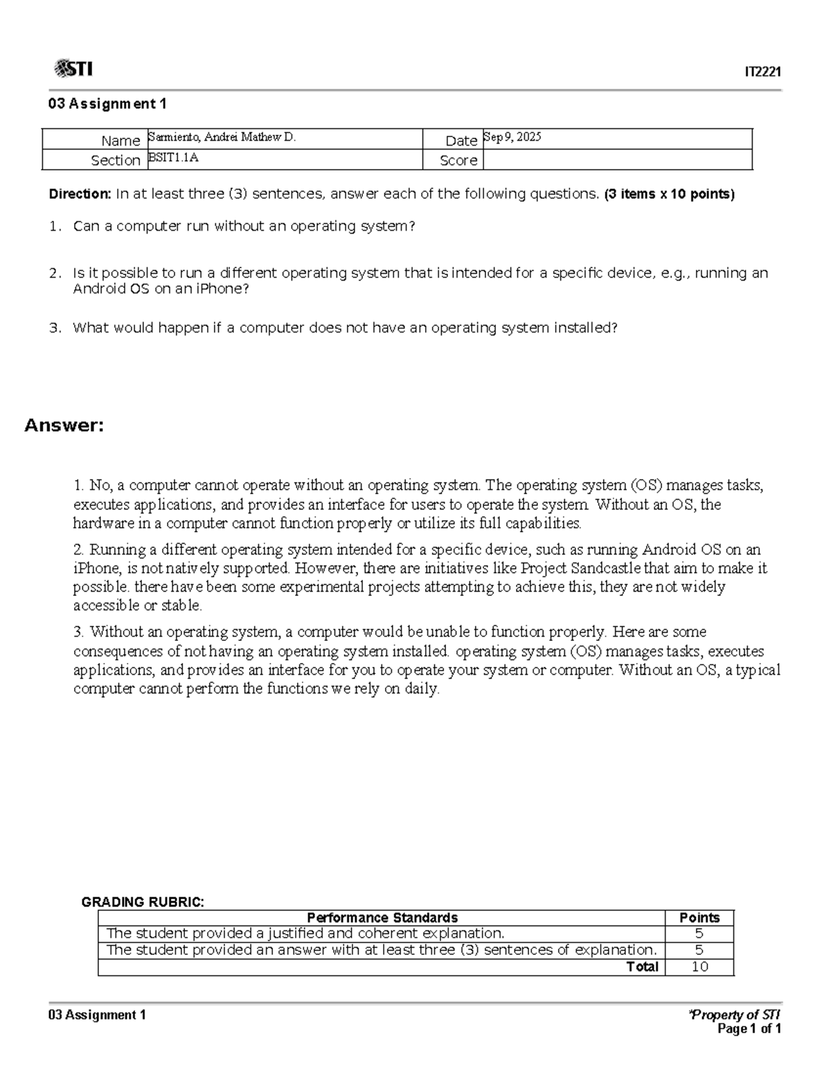 03 Assignment 1: Understanding Operating Systems - BSIT1.1A - Studocu