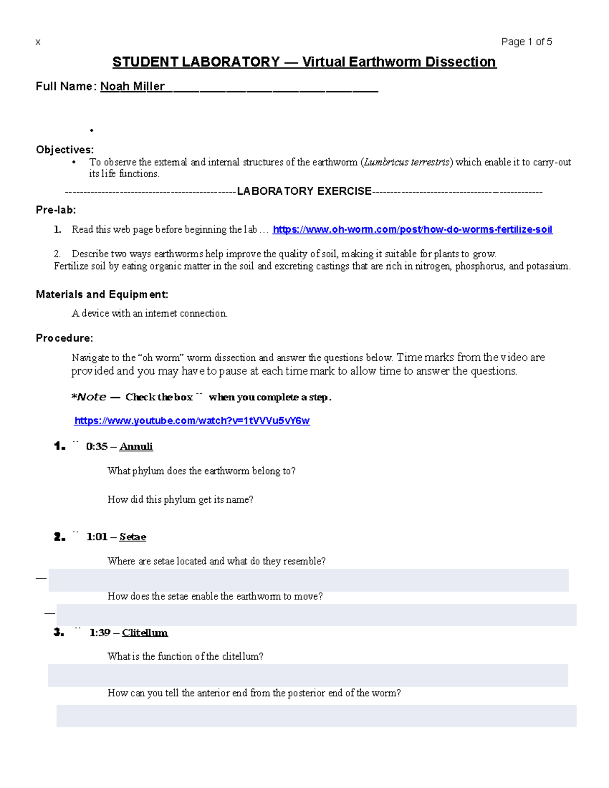 Virtual Earthworm Dissection Lab (Biology 101) - Student Guide - Studocu