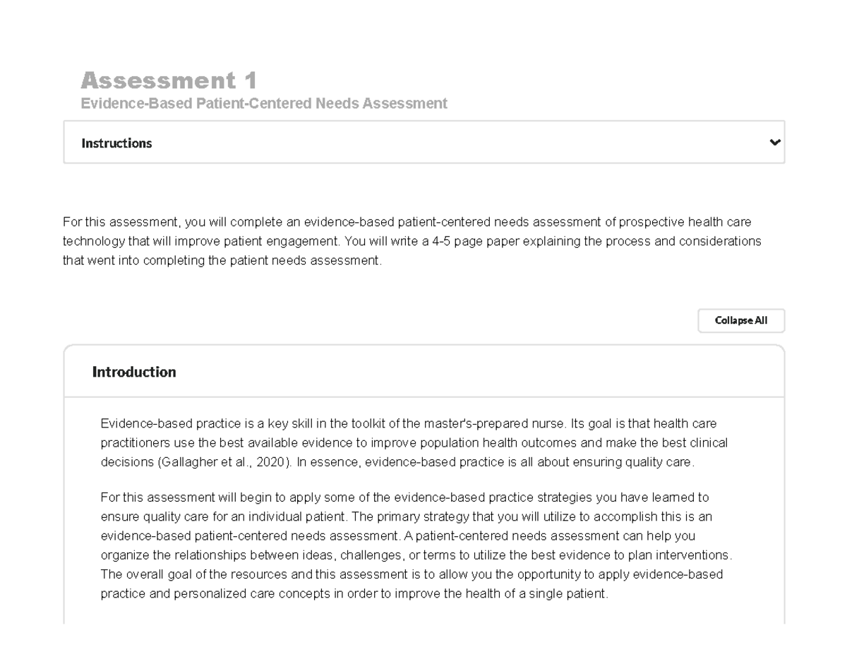 NURS-FPX6011 Assessment 1: Patient Engagement Needs Assessment Instructions - Studocu