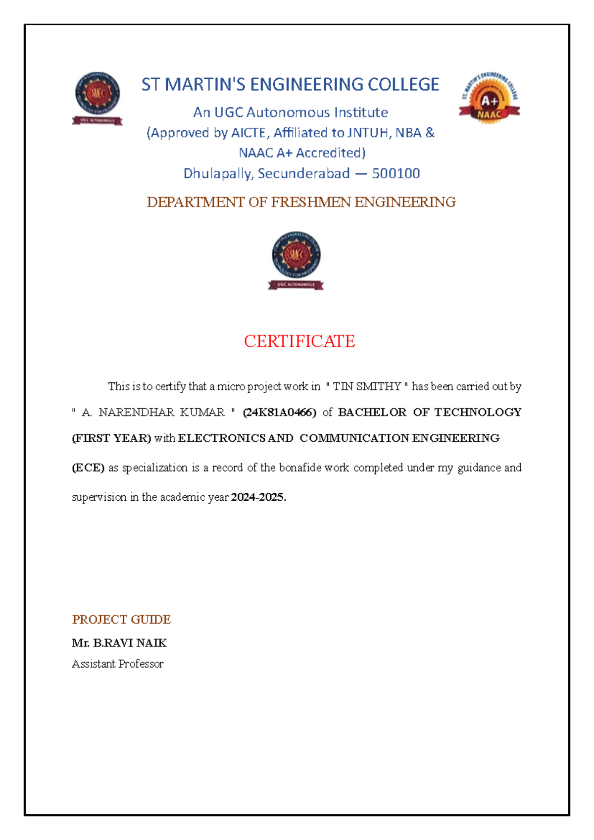 Dhanu 2 - Project - ST MARTIN'S ENGINEERING COLLEGE An UGC Autonomous ...