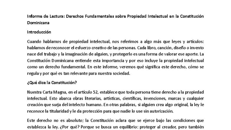 Informe de Lectura: Derechos de Propiedad Intelectual en RD - Studocu