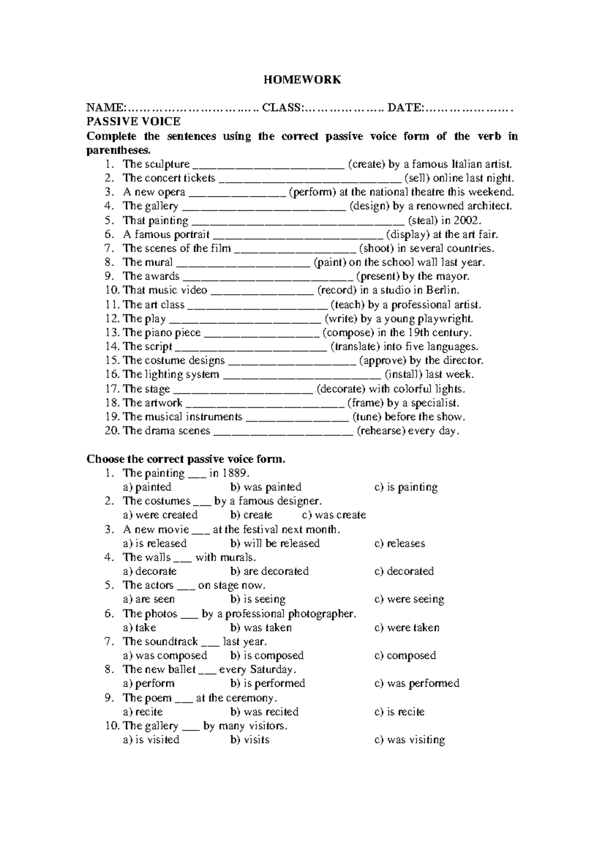A2+ U3 Homework: Complete Passive Voice Exercises - Studocu
