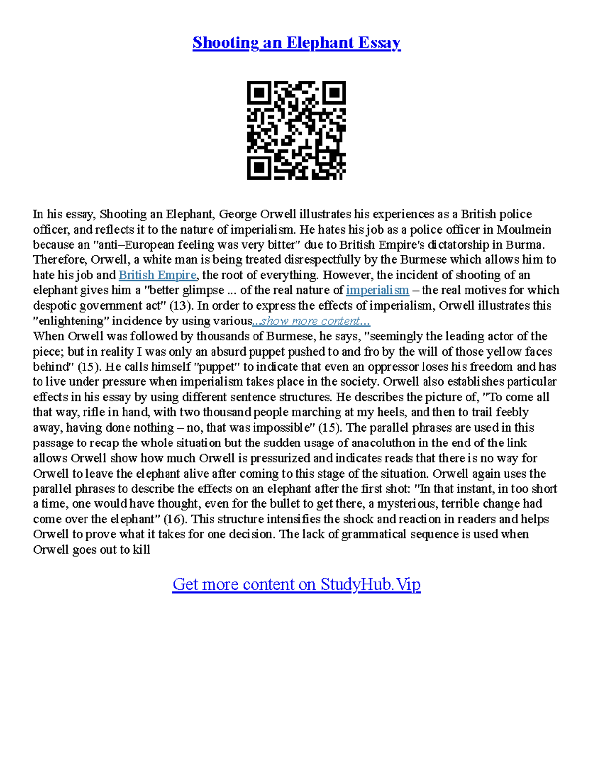 Shooting An Elephant And Other Essays - Shooting an Elephant Essay In ...