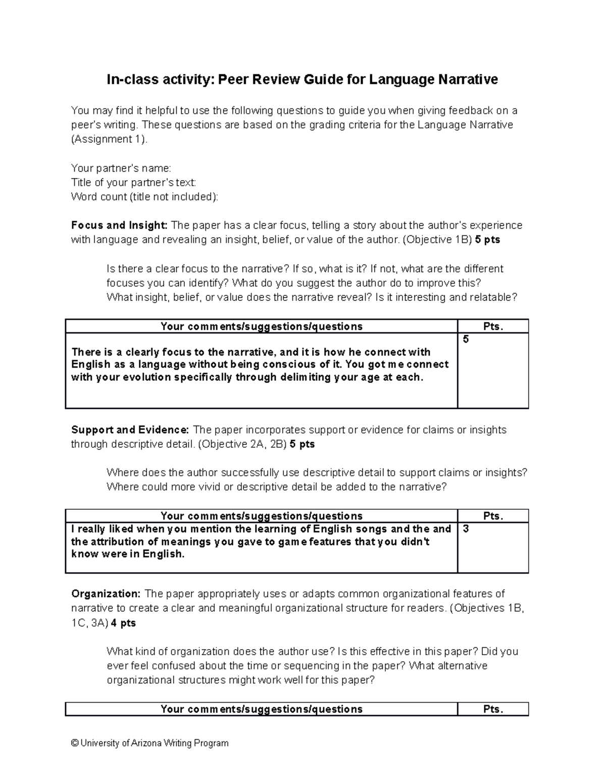 In-Class Activity 2: Peer Review Guide for Language Narrative - Week 4 ...