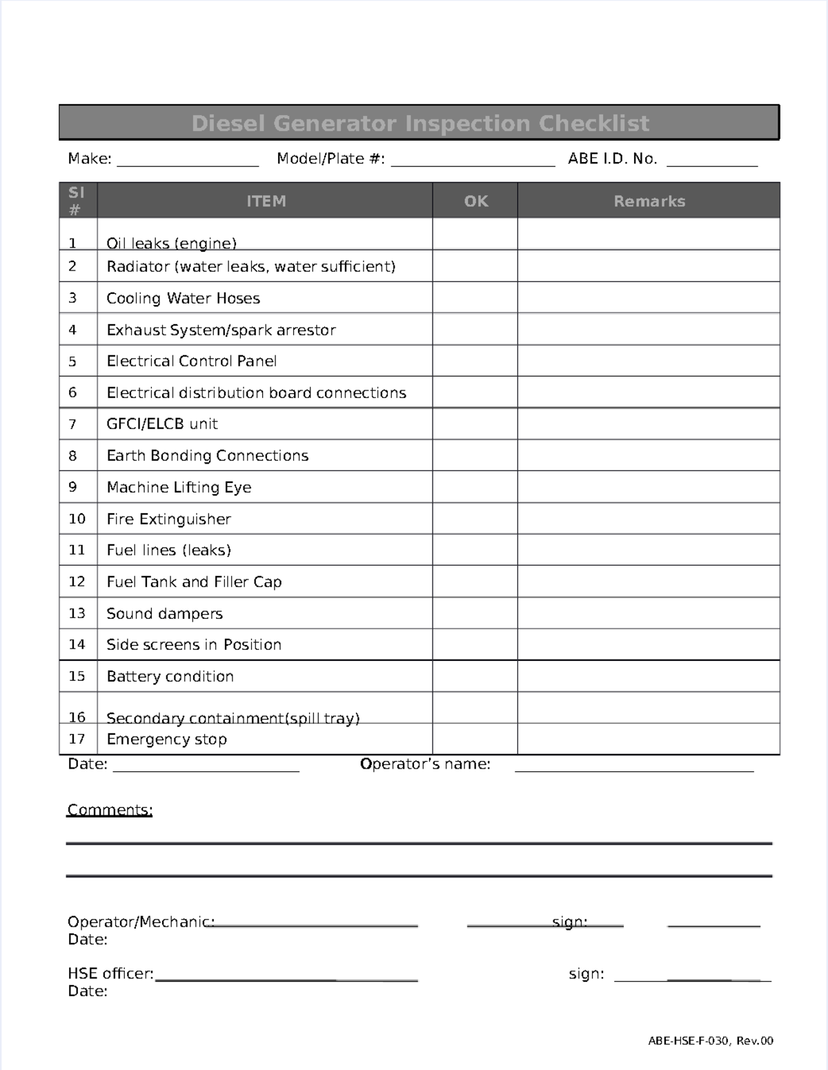 Pdf-diesel-generator-inspection-checklist compress - Make:Make: - Studocu