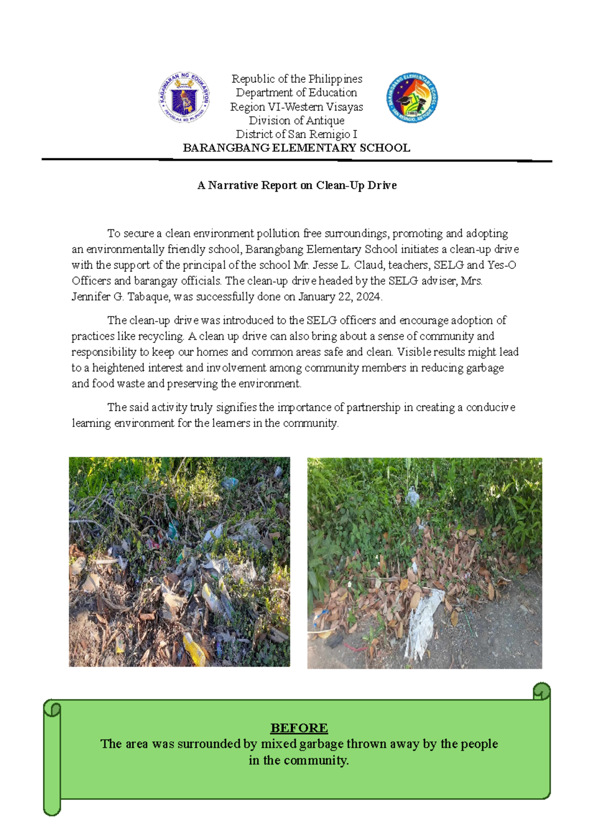 A Narrative Report on Clean-Up Drive at Barangbang Elementary - Studocu